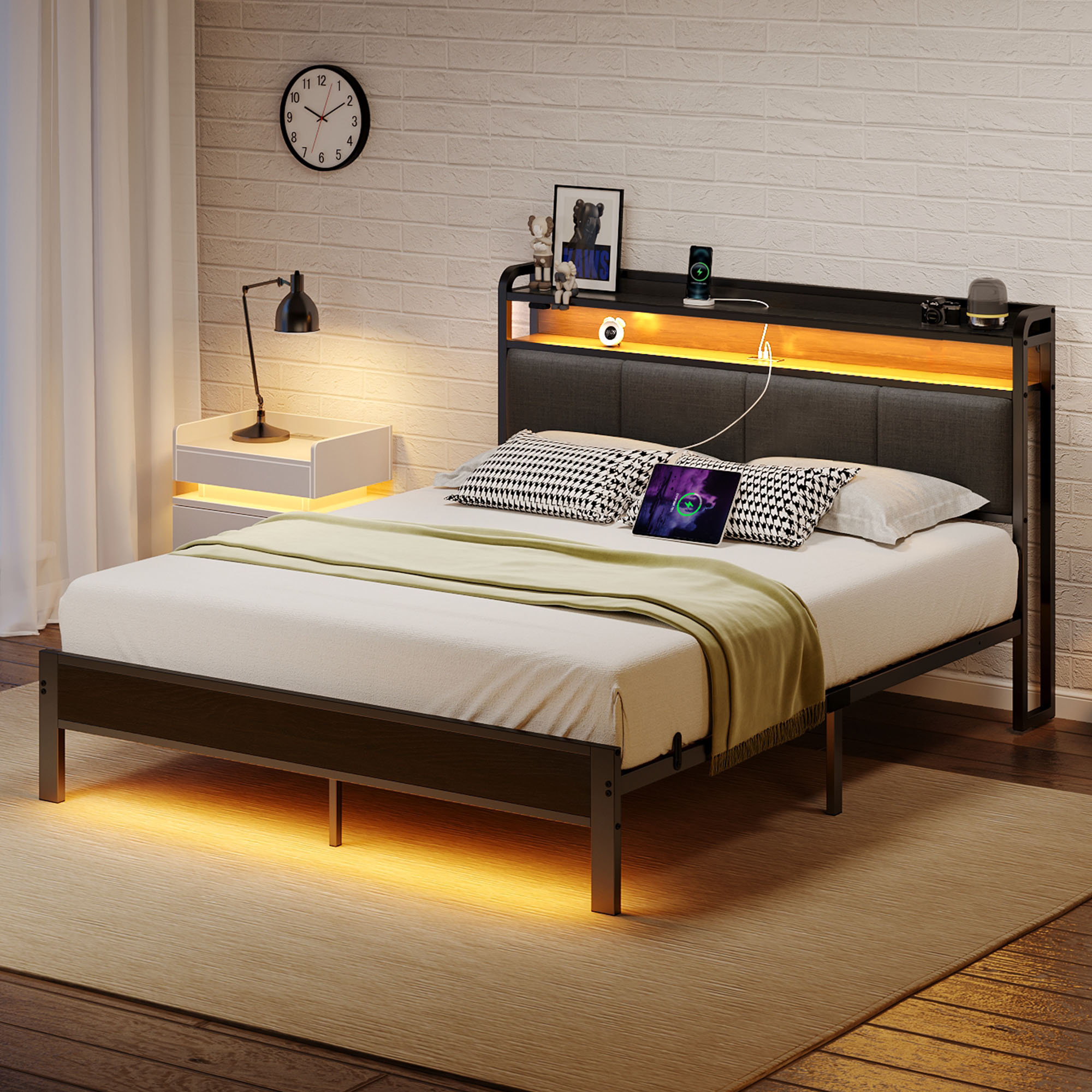 17 Stories Etsuyo Upholstered Storage Bed with Headboard, LED Lights ...