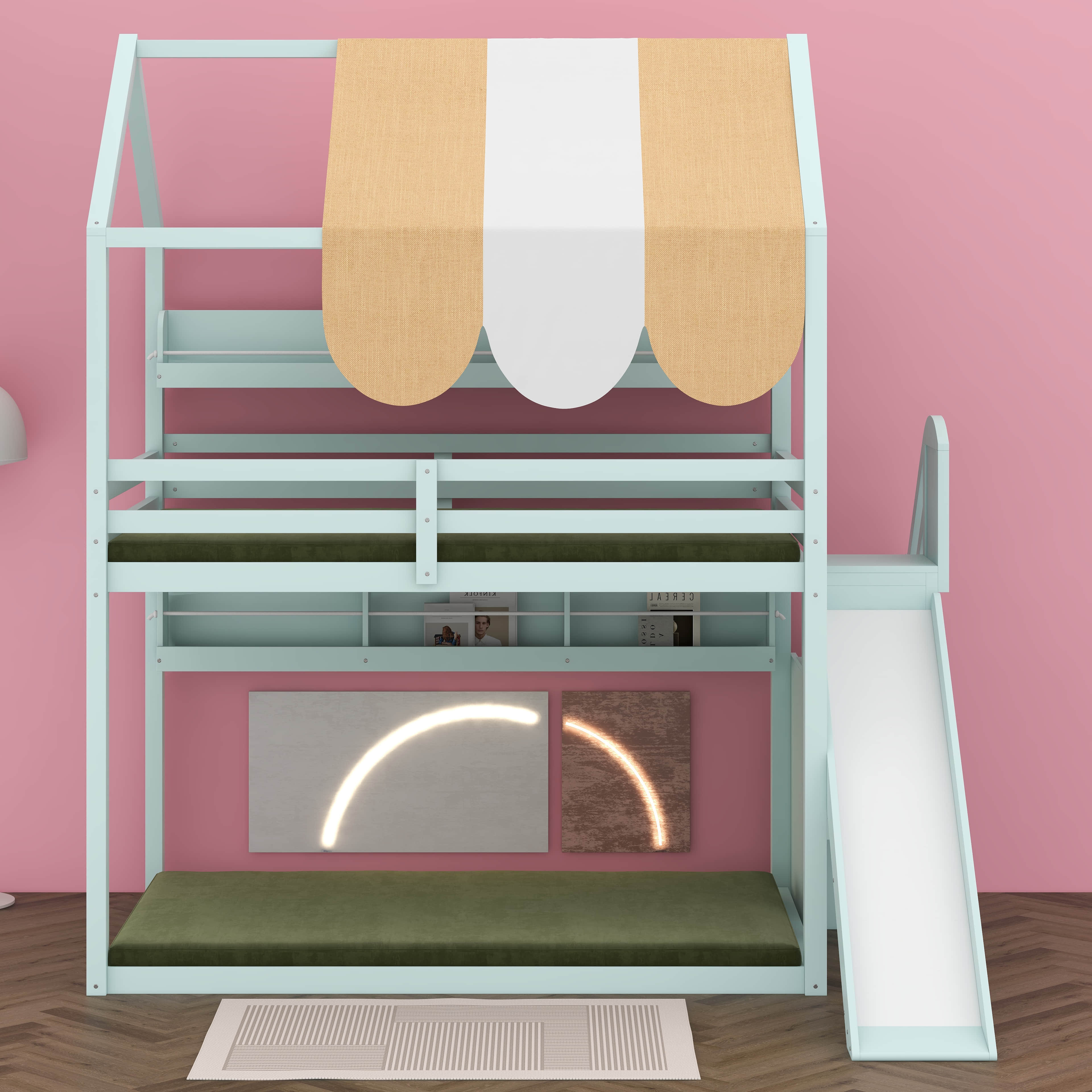 August Grove® Full Size Loft Bed With Slide, Wood House Loft Bed With ...