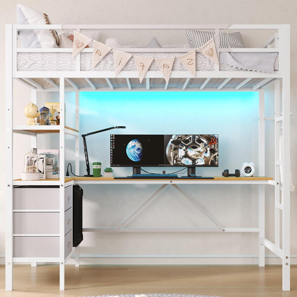 Mason & Marbles Twin Metal Loft Bed With L-shaped Desk, Led Lights ...