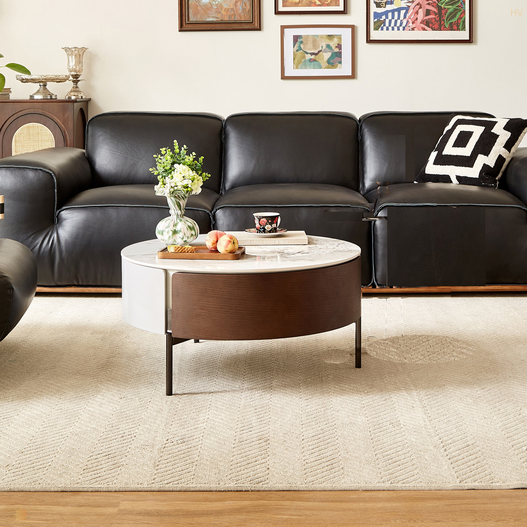 George Oliver Modern Round White & Reall Wood Coffee Table With Drawers ...