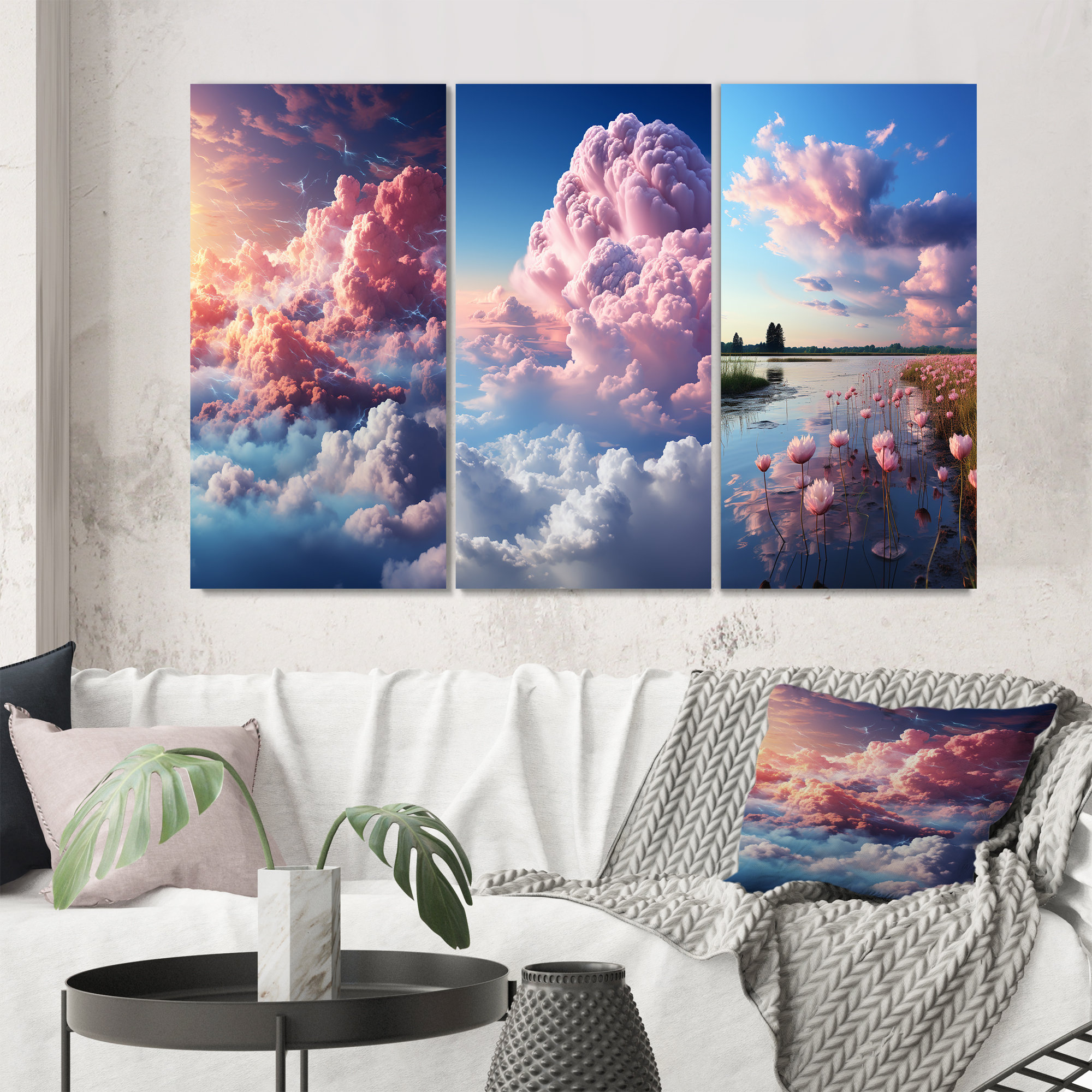 Ivy Bronx " Pink Blue Sky Celestial Beauty Muted " 3 - Pieces on Canvas ...