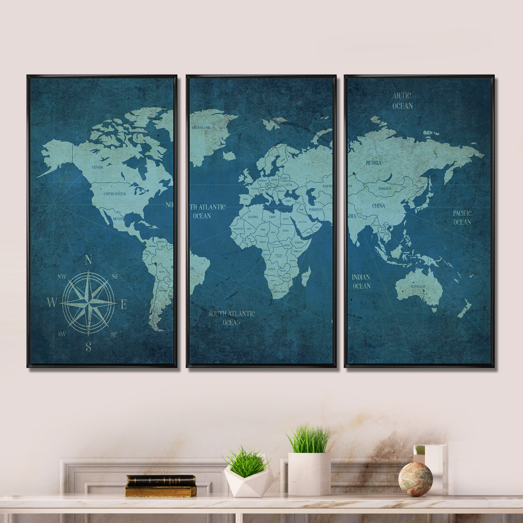 Breakwater Bay Slate World Map II - Traditional Framed Canvas Wall Art ...