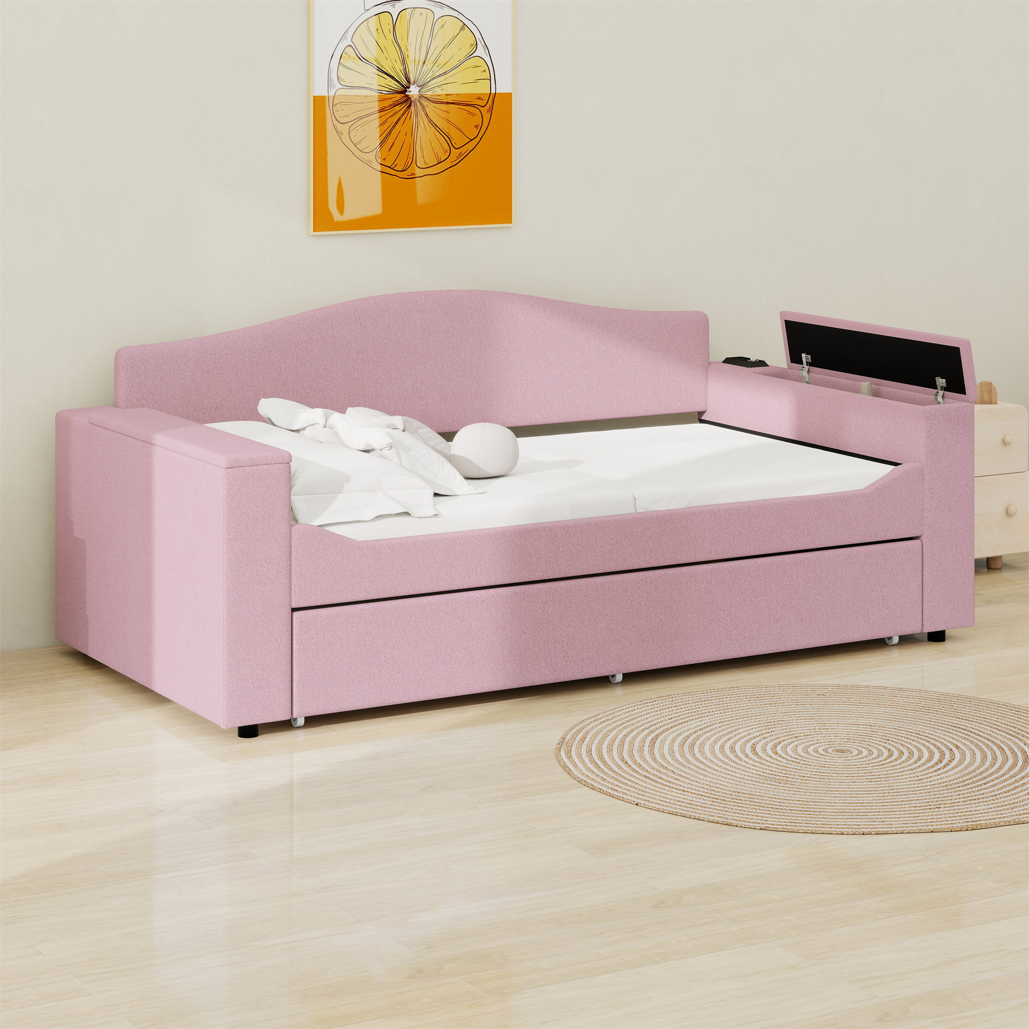 Latitude Run® Upholstered Daybed With Storage Armrests, Trundle Bed And ...