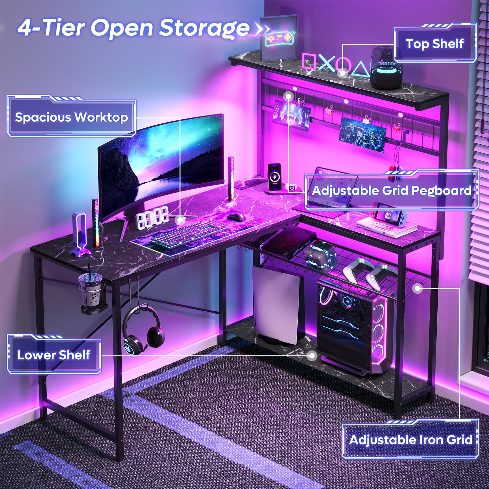 Inbox Zero Gaming Desk 51" L-Shaped, with Power Outlets & LED Lights ...