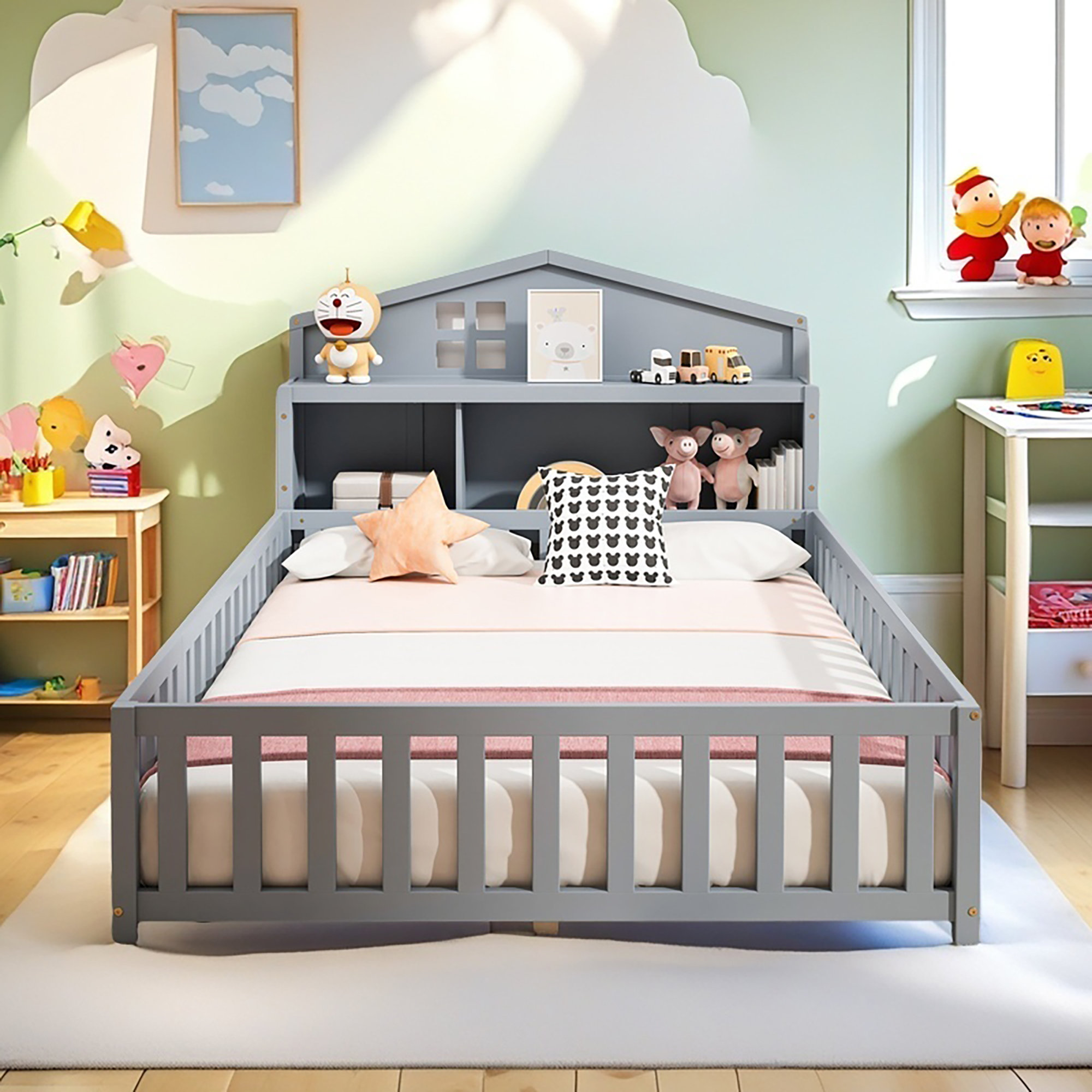 Harper Orchard Full-Size Montessori Floor Bed With Bookcases And ...