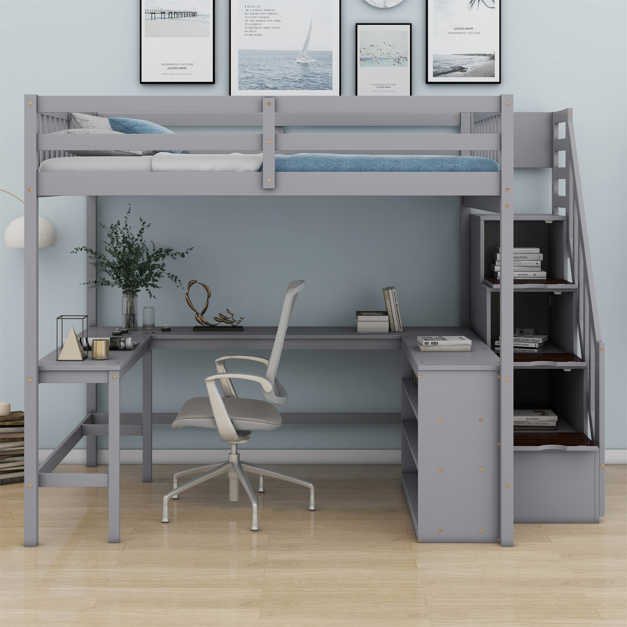 Harriet Bee Loft Bed With Built-In L-Shaped Desk,Storage Shelves And ...