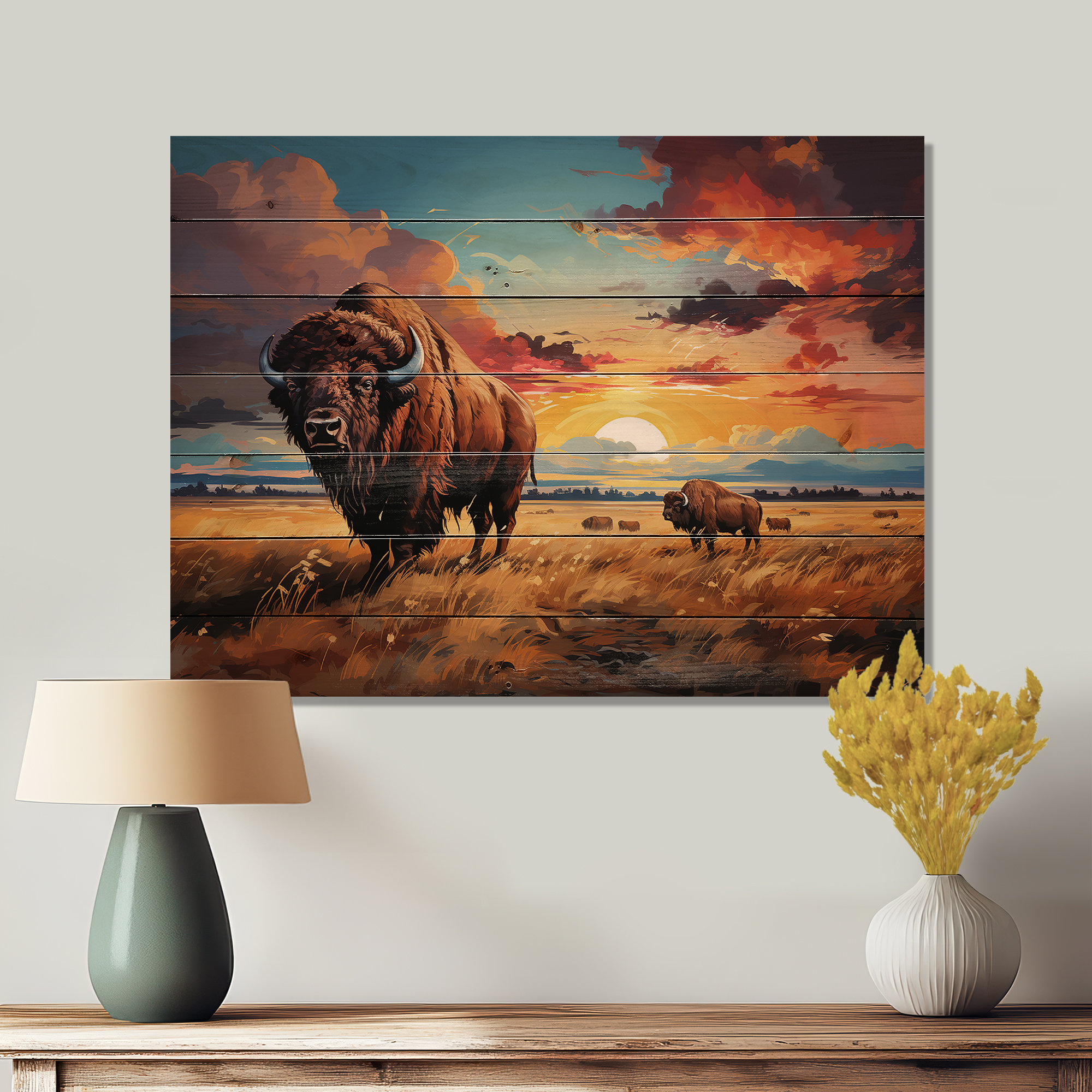 Union Rustic Native American Art Bison Prairies III On Wood Print ...