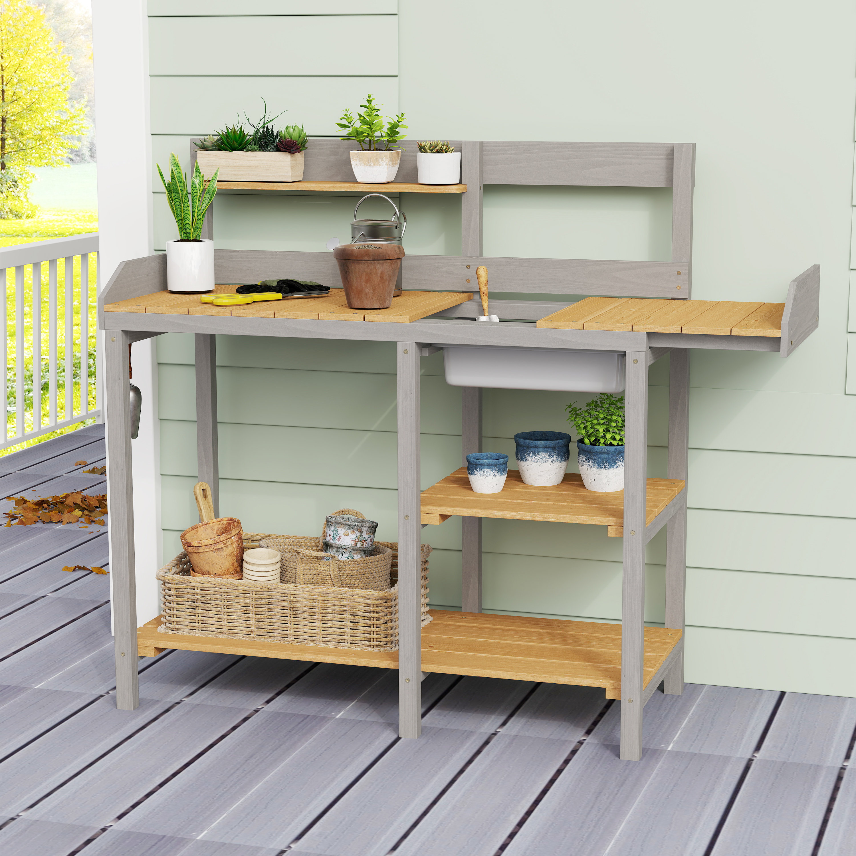 Lark Manor Outdoor Wooden Potting Bench, Workstation Table With Open ...