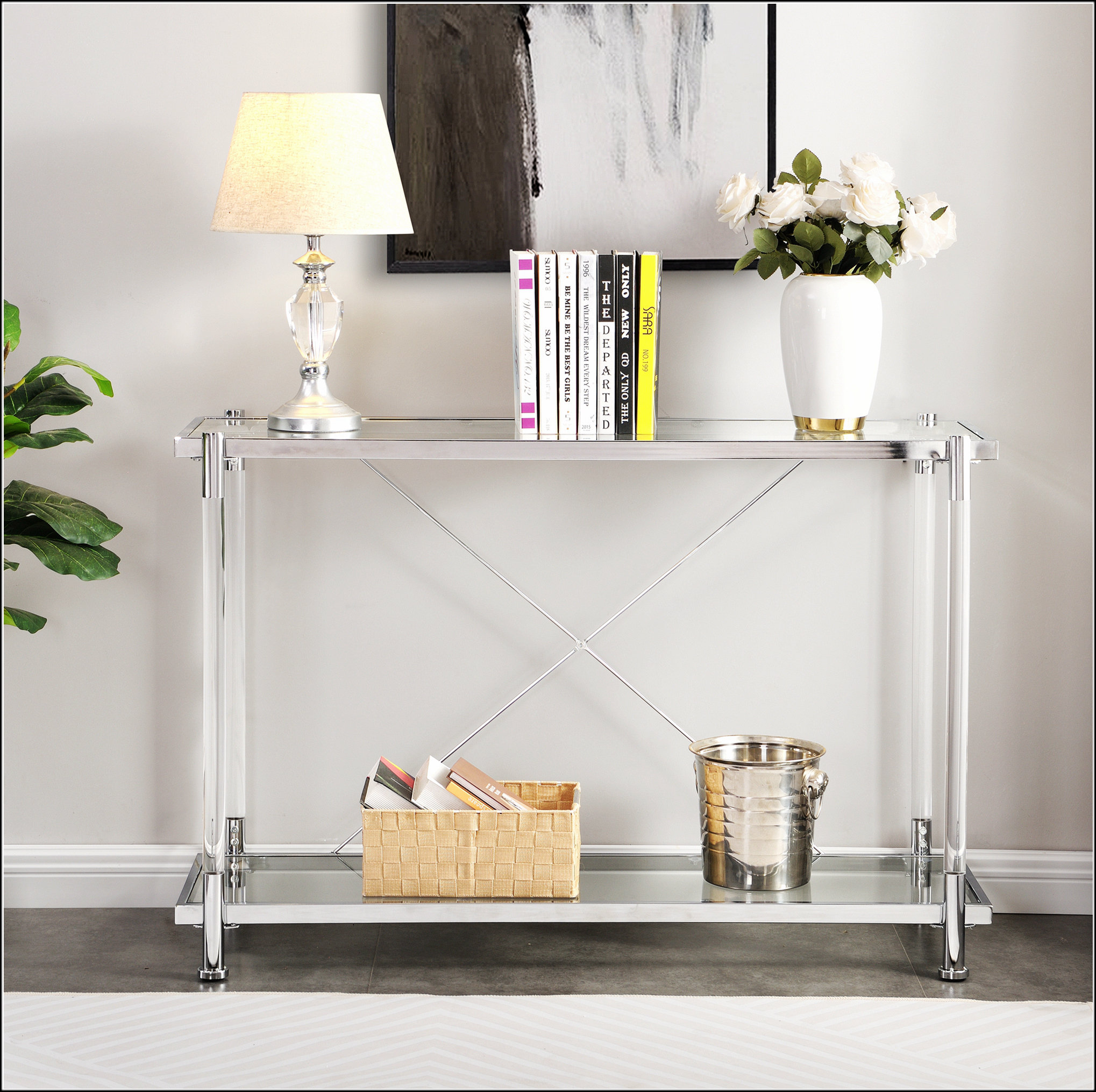 Wrought Studio 43.31'' Chrome Glass Sofa Table, Acrylic Side Table ...