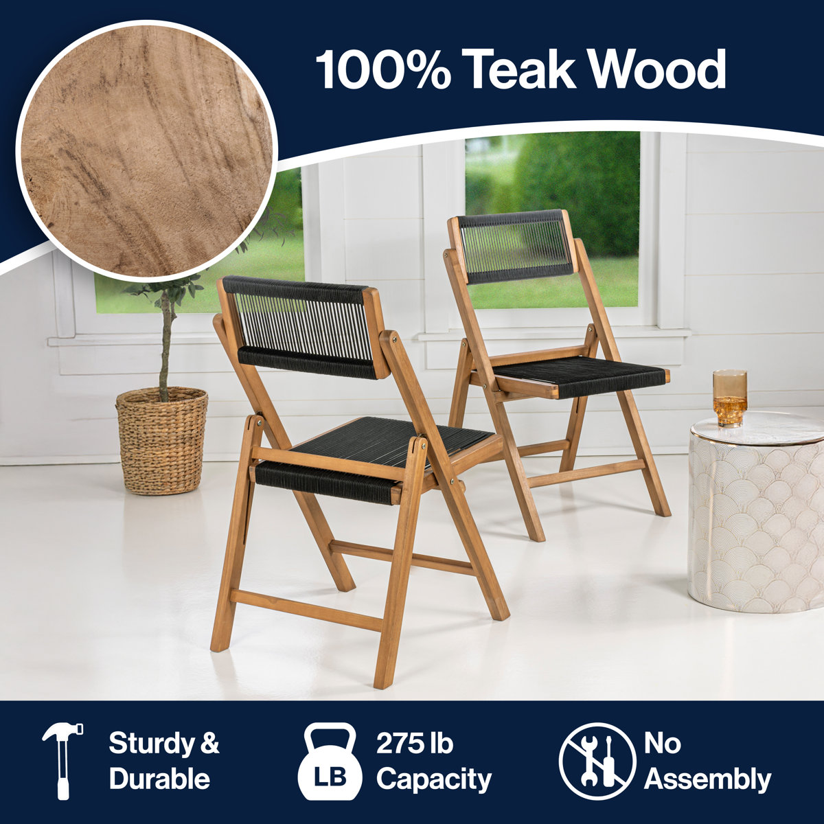Latitude Run® Jannemarie Coastal Modern Wood Roped Folding Chair with ...