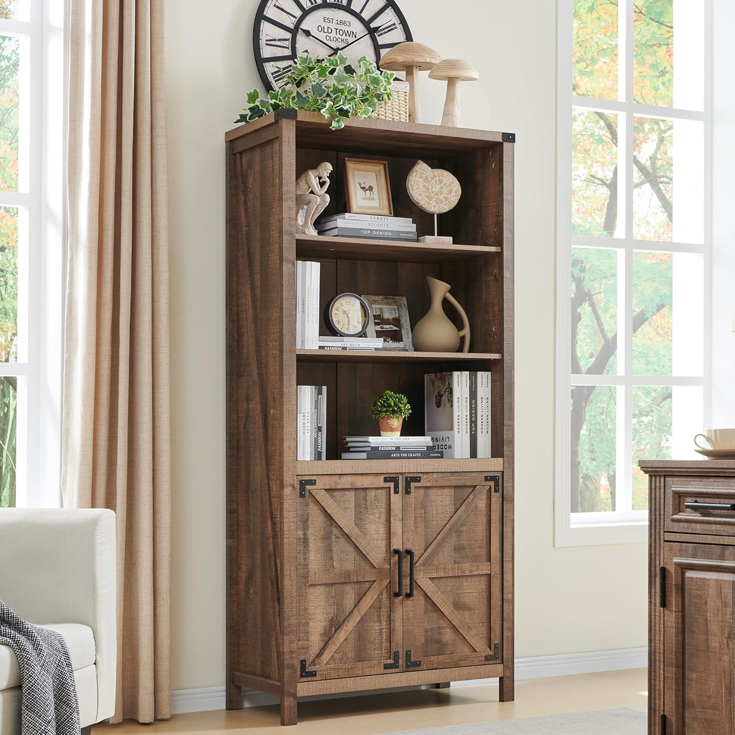 Gracie Oaks Benitez 5 Tier Bookcase with Storage, Farmhouse Bookshelf ...