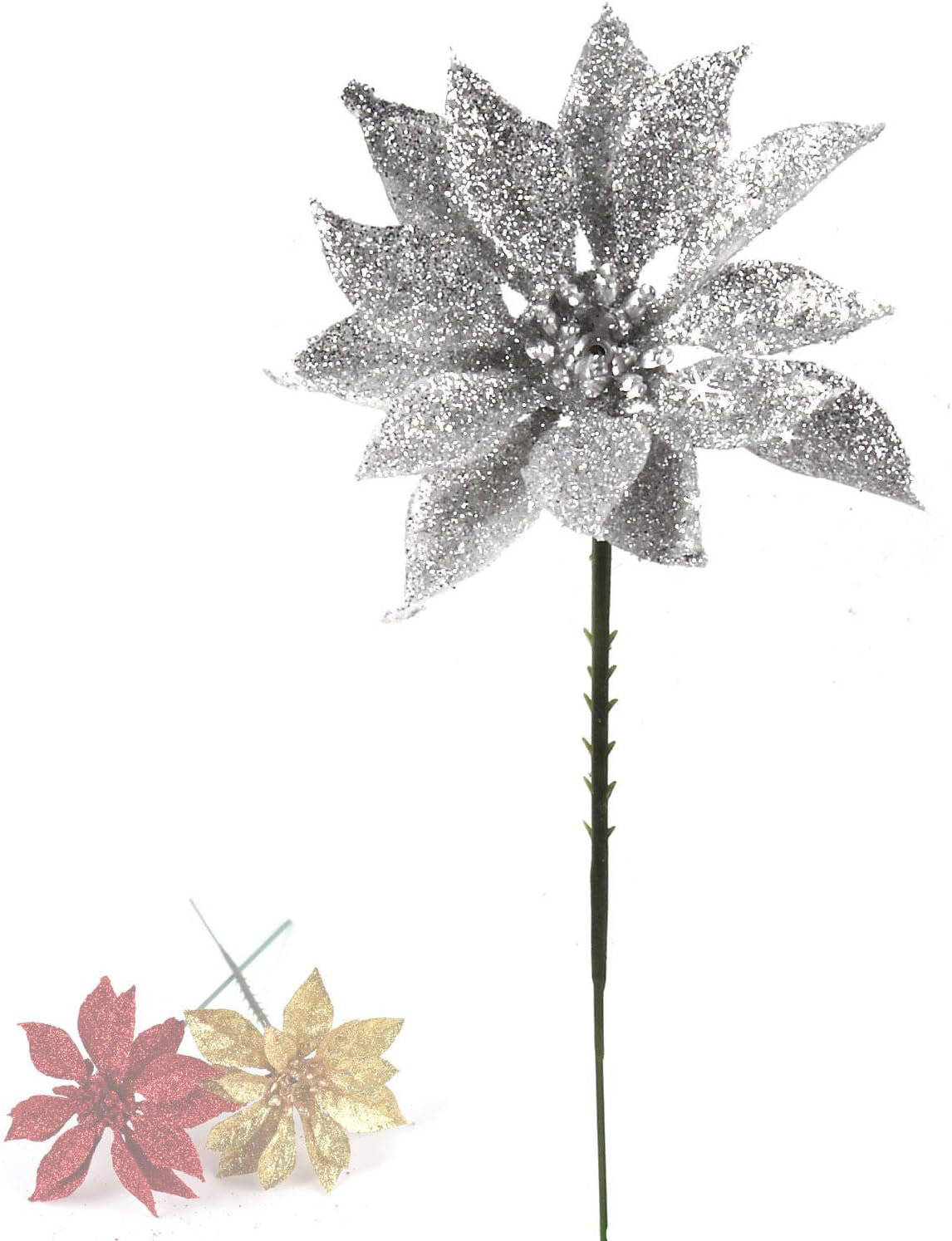 The Holiday Aisle® Glitter Poinsettia Picks 4" Tall Silver Head ...