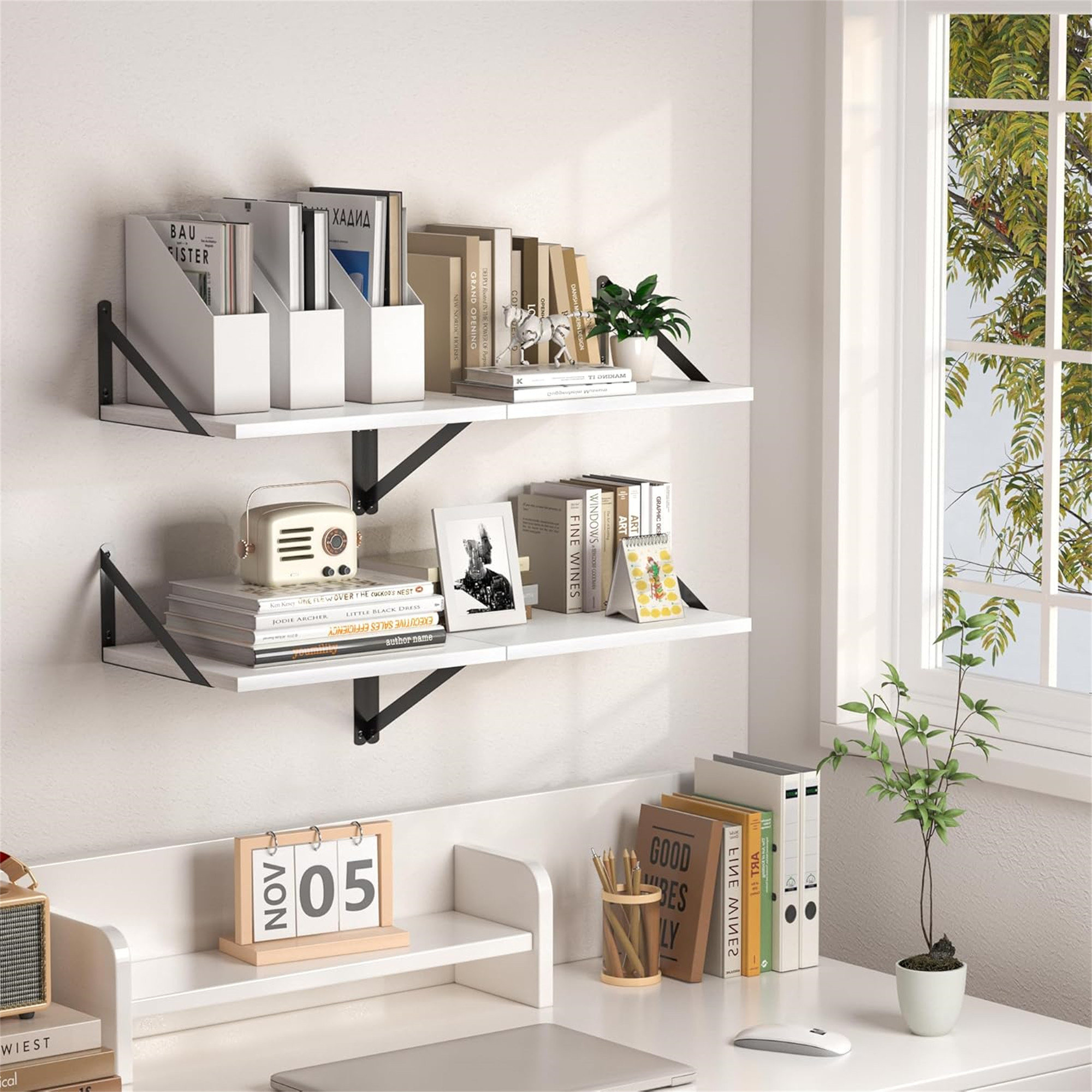 Ebern Designs White Deep Floating Bookcase, 12D Wood Wall Shelves Set ...