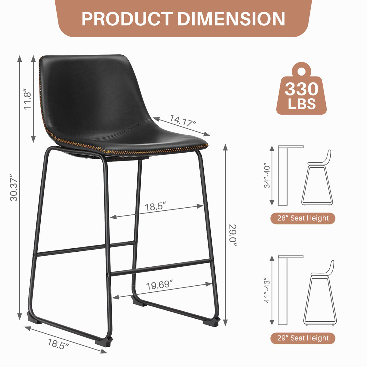 Latitude Run® Counter Height Barstools With Leather Back, Matel Bar ...