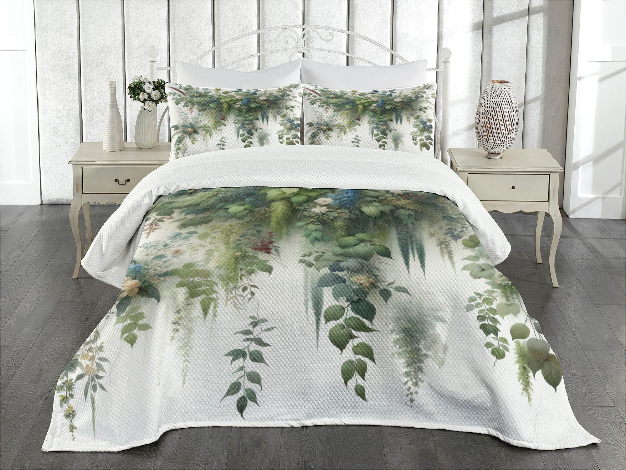 Ambesonne Botanical Bedspread Set Leaves Cascading Down Art Green Blue ...