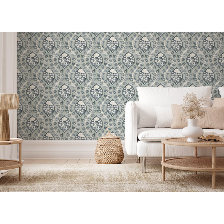 Lark Manor Floral Cartouche Stone Blue | Wayfair.co.uk