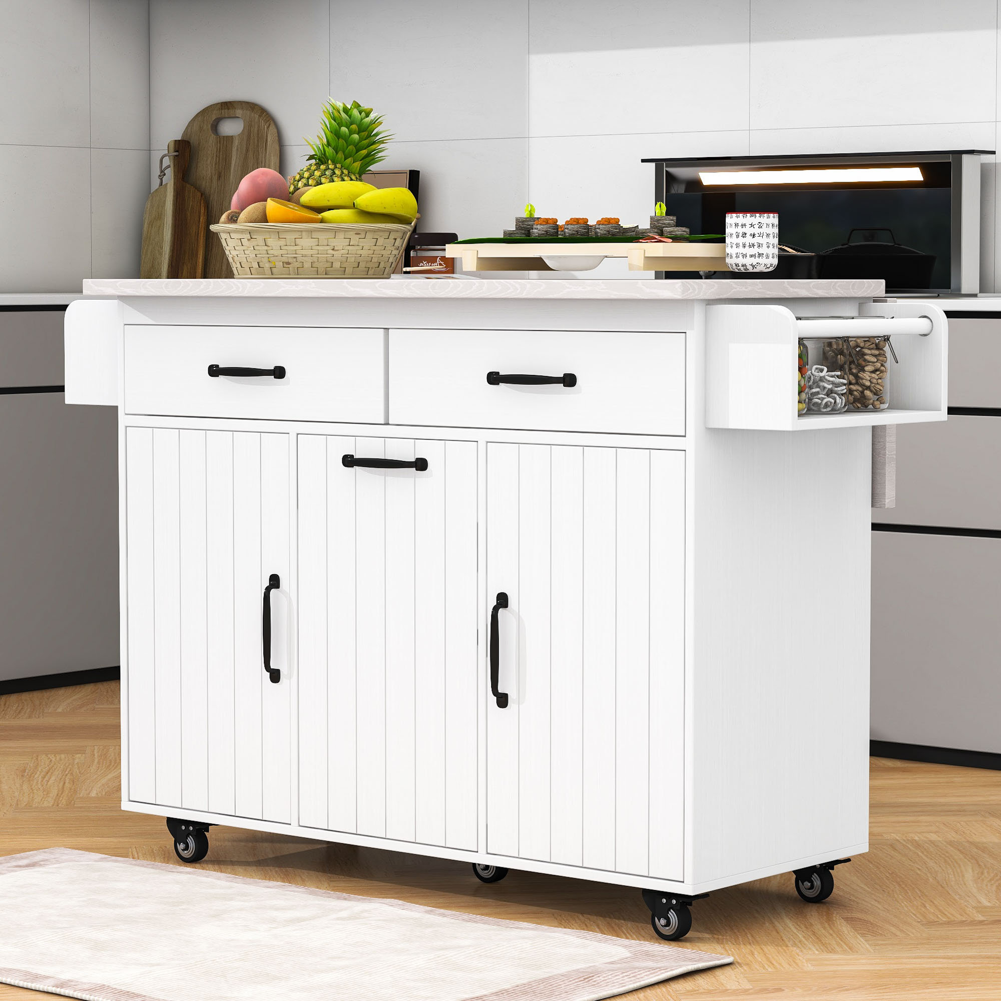 Gracie Oaks Kinlyn Wood Kitchen Cart with Storage and Trash Bin, Mobile ...