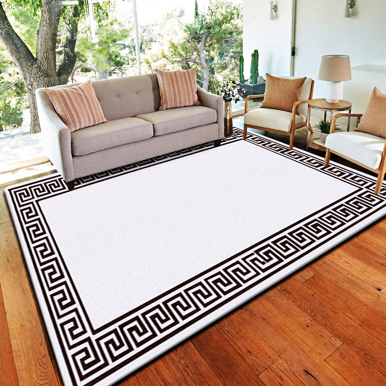Canora Grey Plain Rug with Greek key Bordered Gel backed Rug Aleecia ...