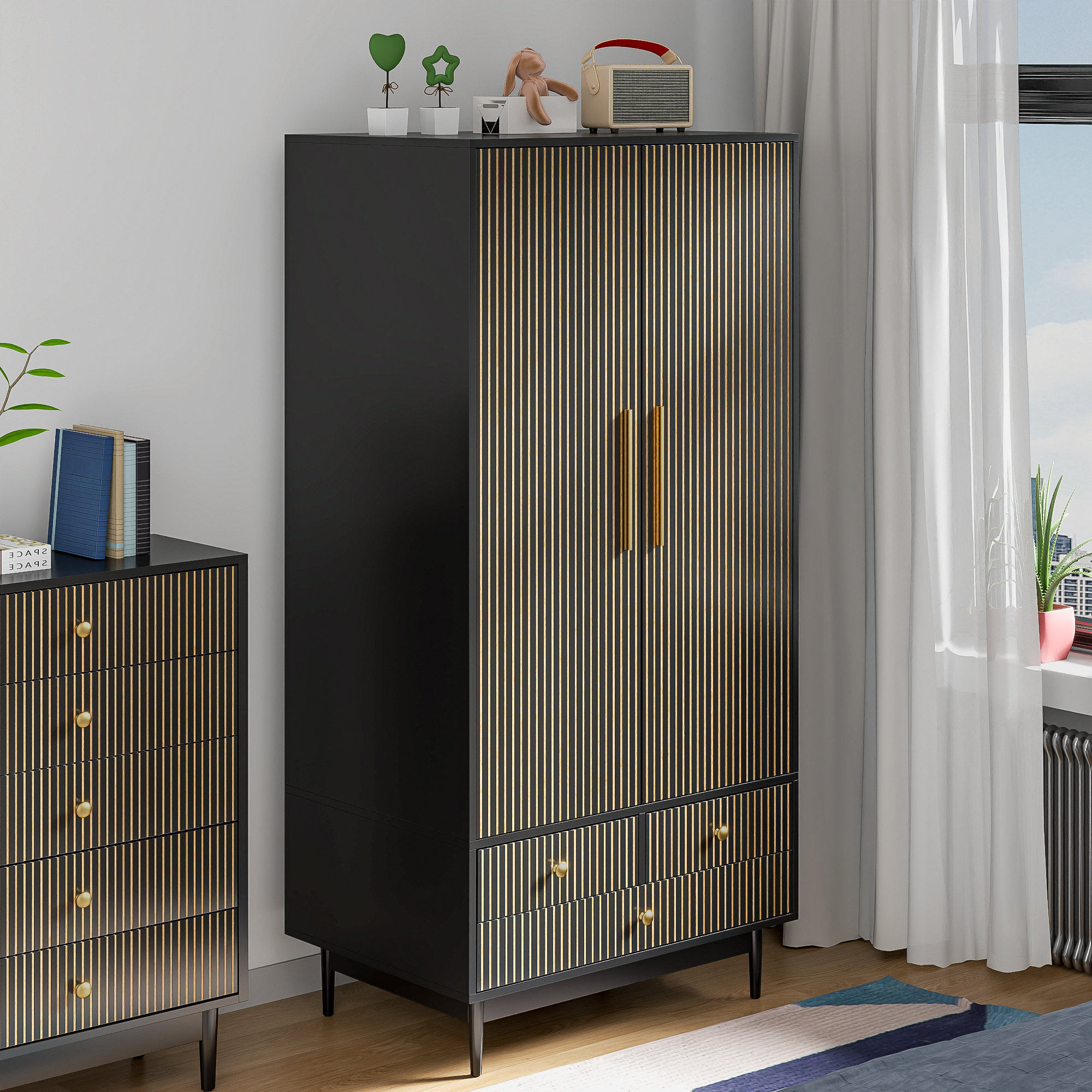 Mercer41 Armoire Wardrobe Closet With 2 Fluted Doors, 3 Drawers ...