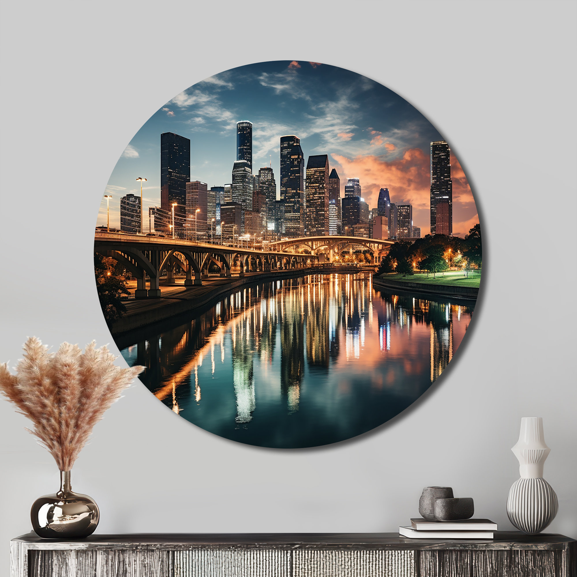Design Art Houston City Horizons II - Cityscapes Round Metal Art | Wayfair