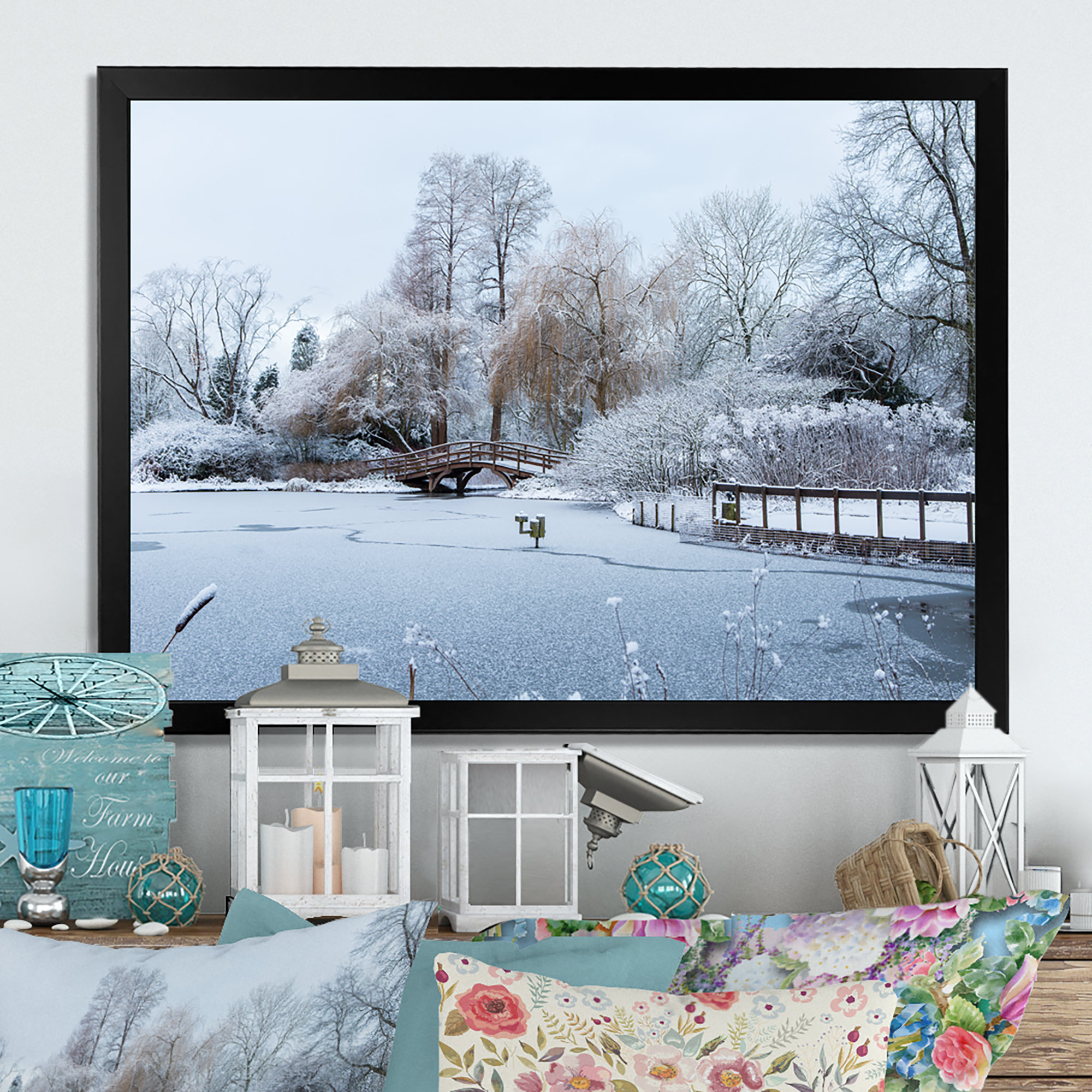 Millwood Pines Winter Bridge Scenery - Floater Frame Print on Canvas ...