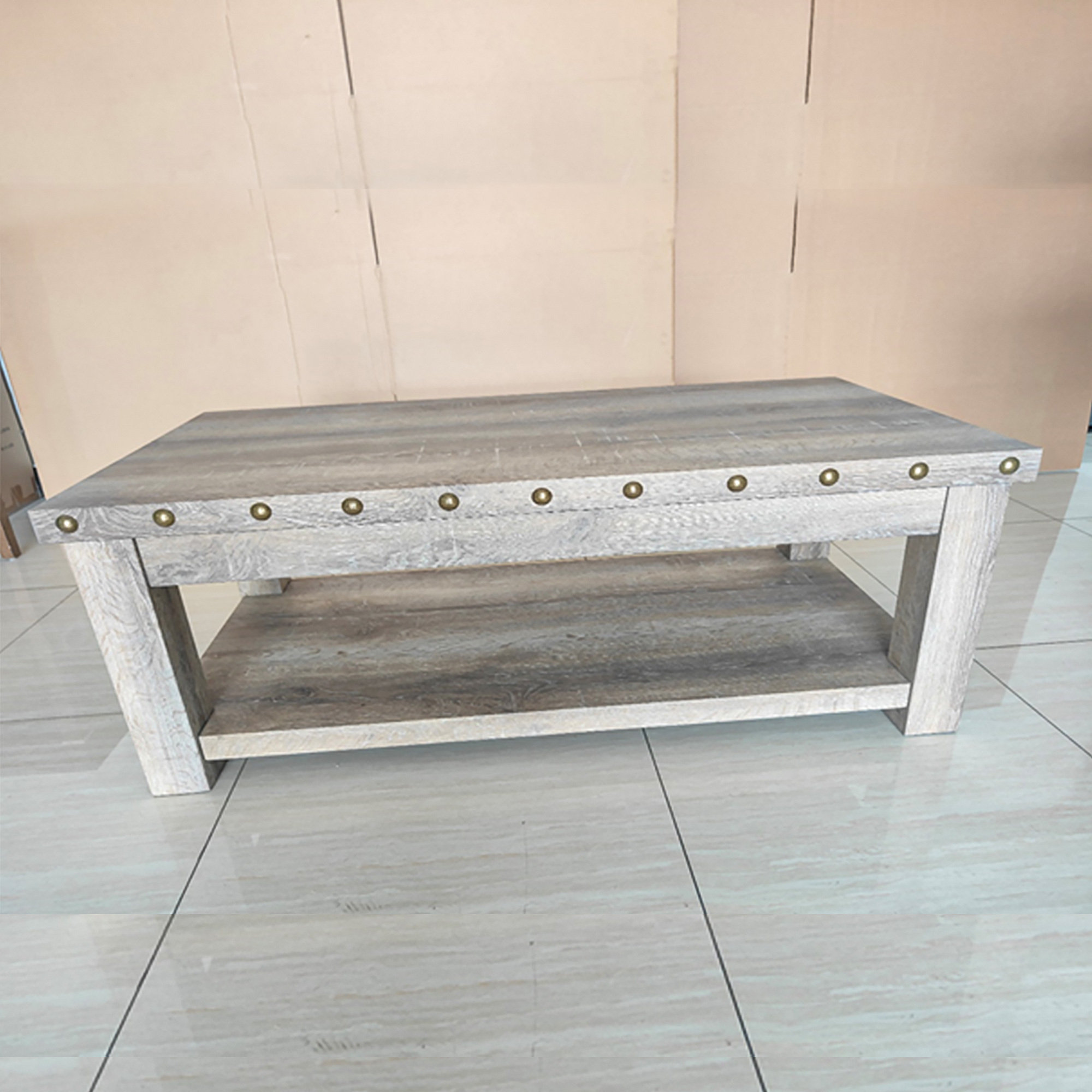 17 Stories Rustic Wood Coffee Table With Rivets And Distressed Texture ...