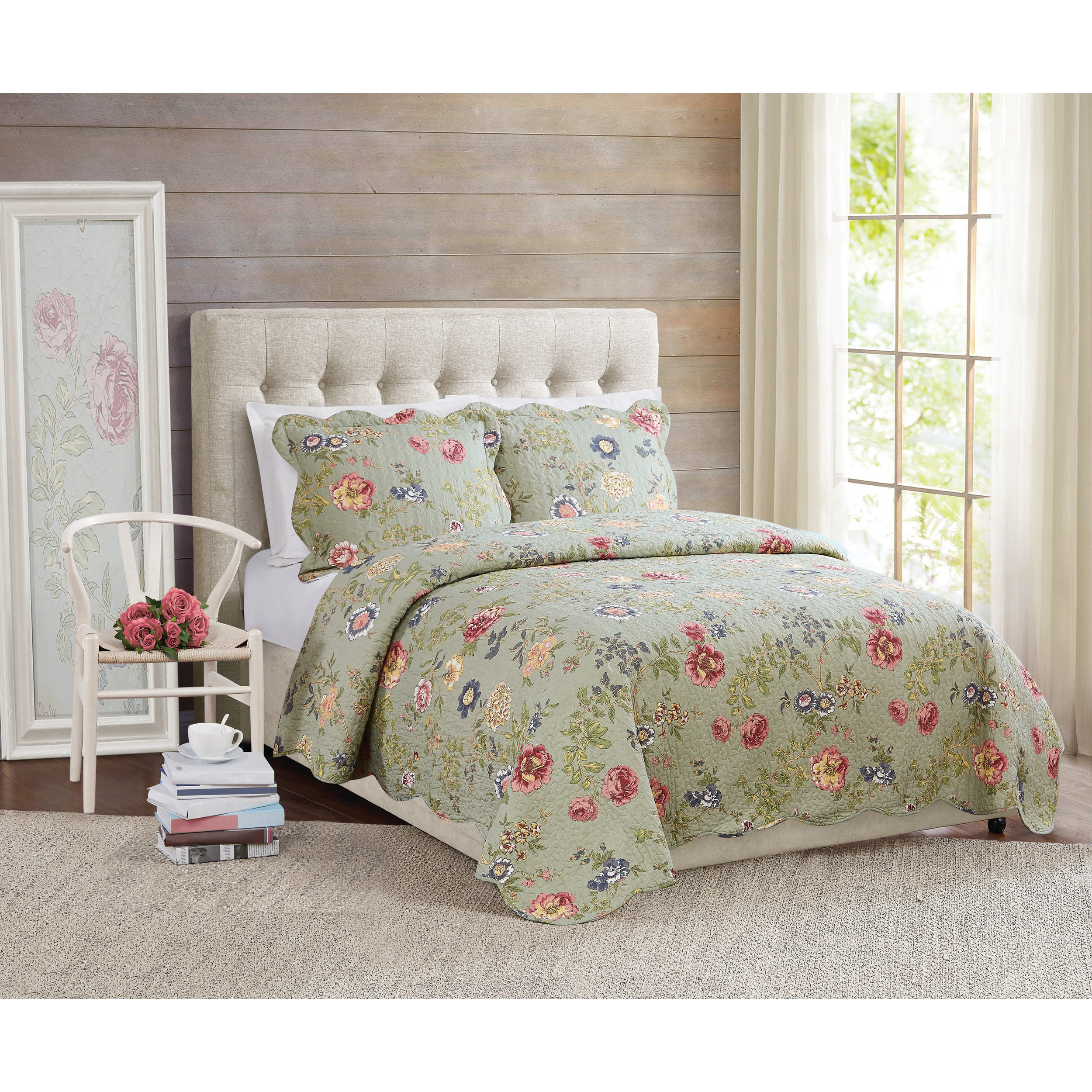 American Traditions Edens Garden Floral Quilt Set with Shams - Sage ...