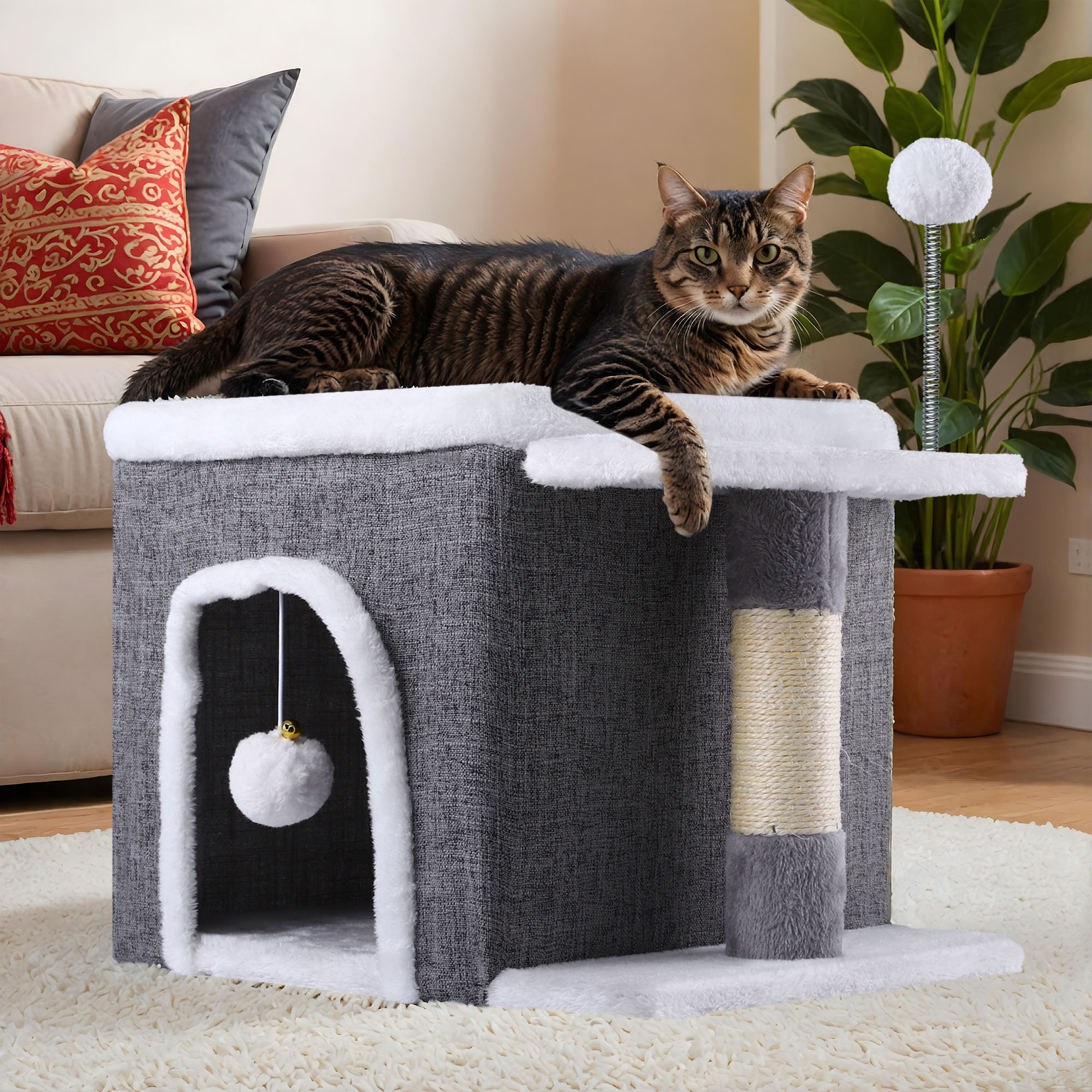 Tucker Murphy Pet™ Cozy Cat Cube House with Plush Bed, Sisal Post & Toy ...