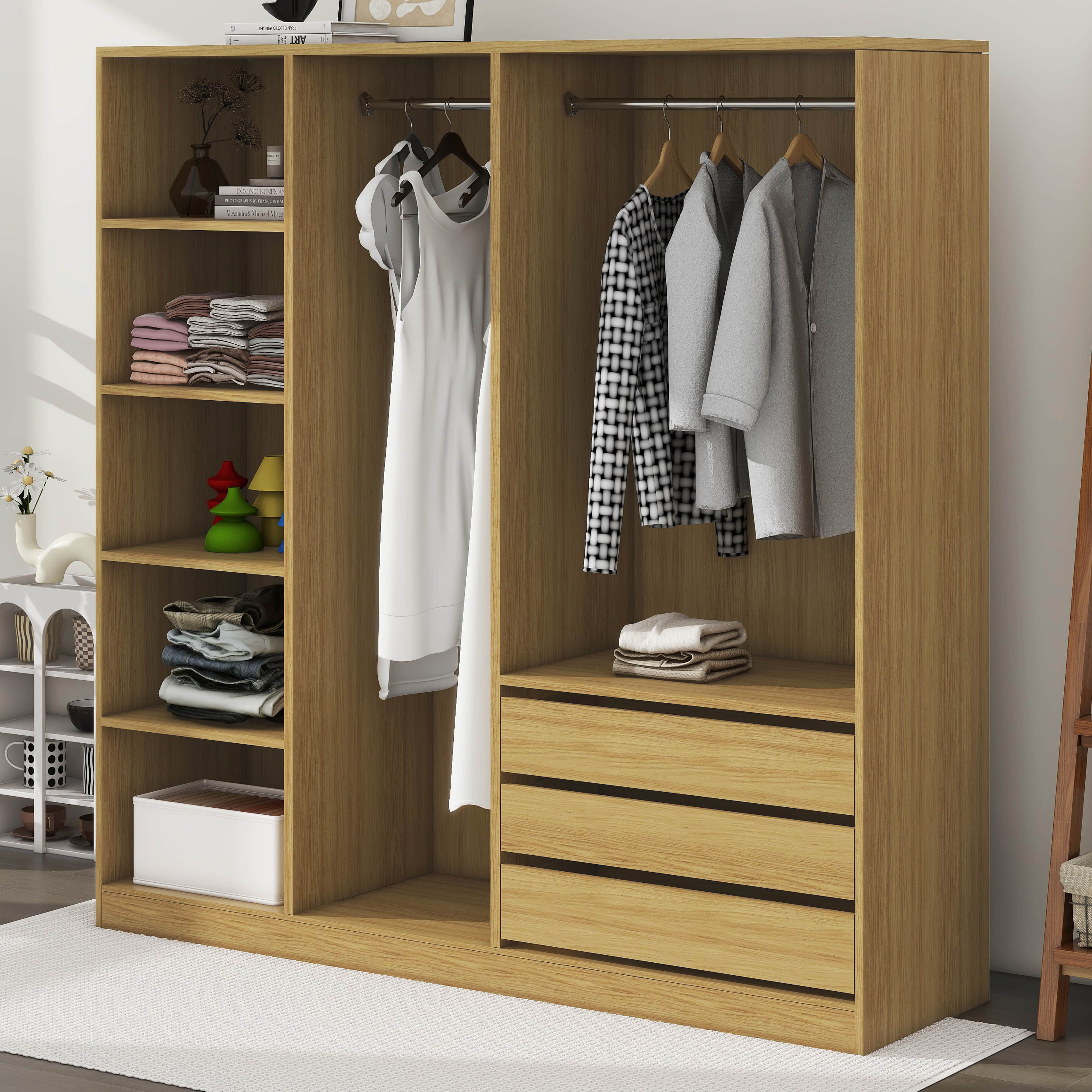 Winston Porter Modern Doorless Wooden Storage Wardrobe With 3 Drawers ...