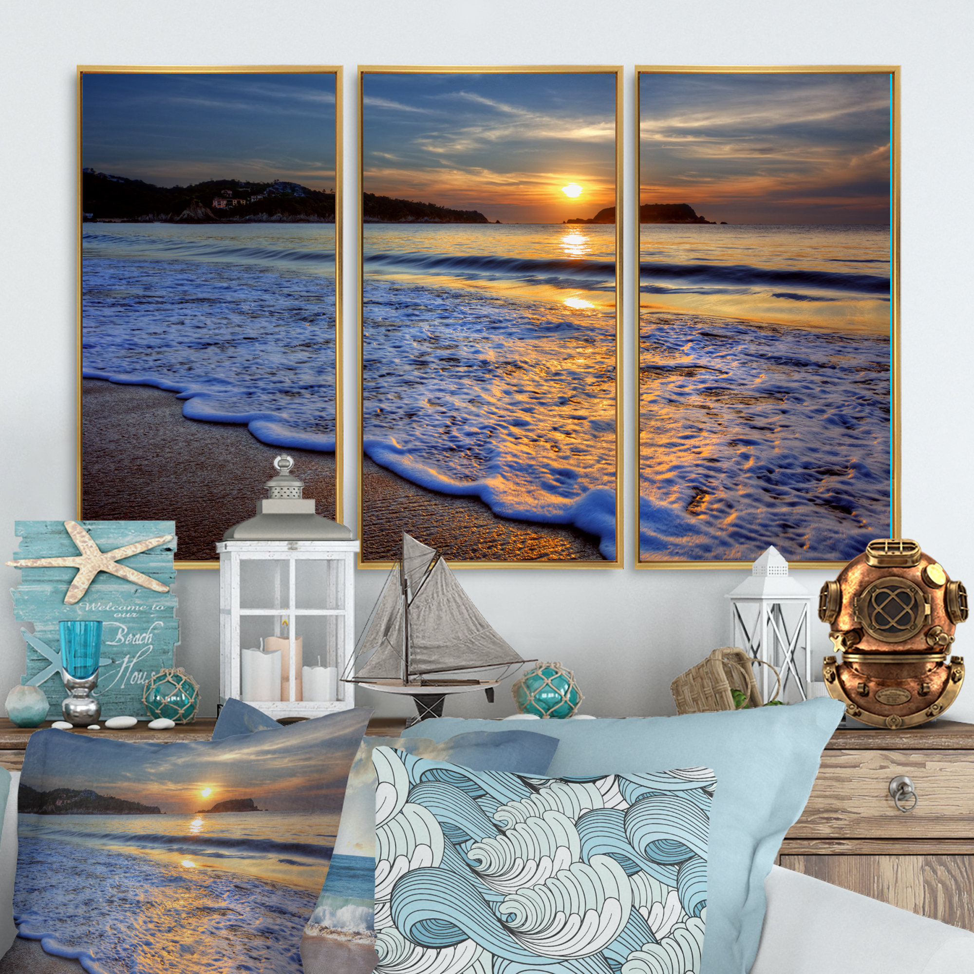 Highland Dunes Calm Seashore with Blue Waves - 3 Piece Floater Frame ...