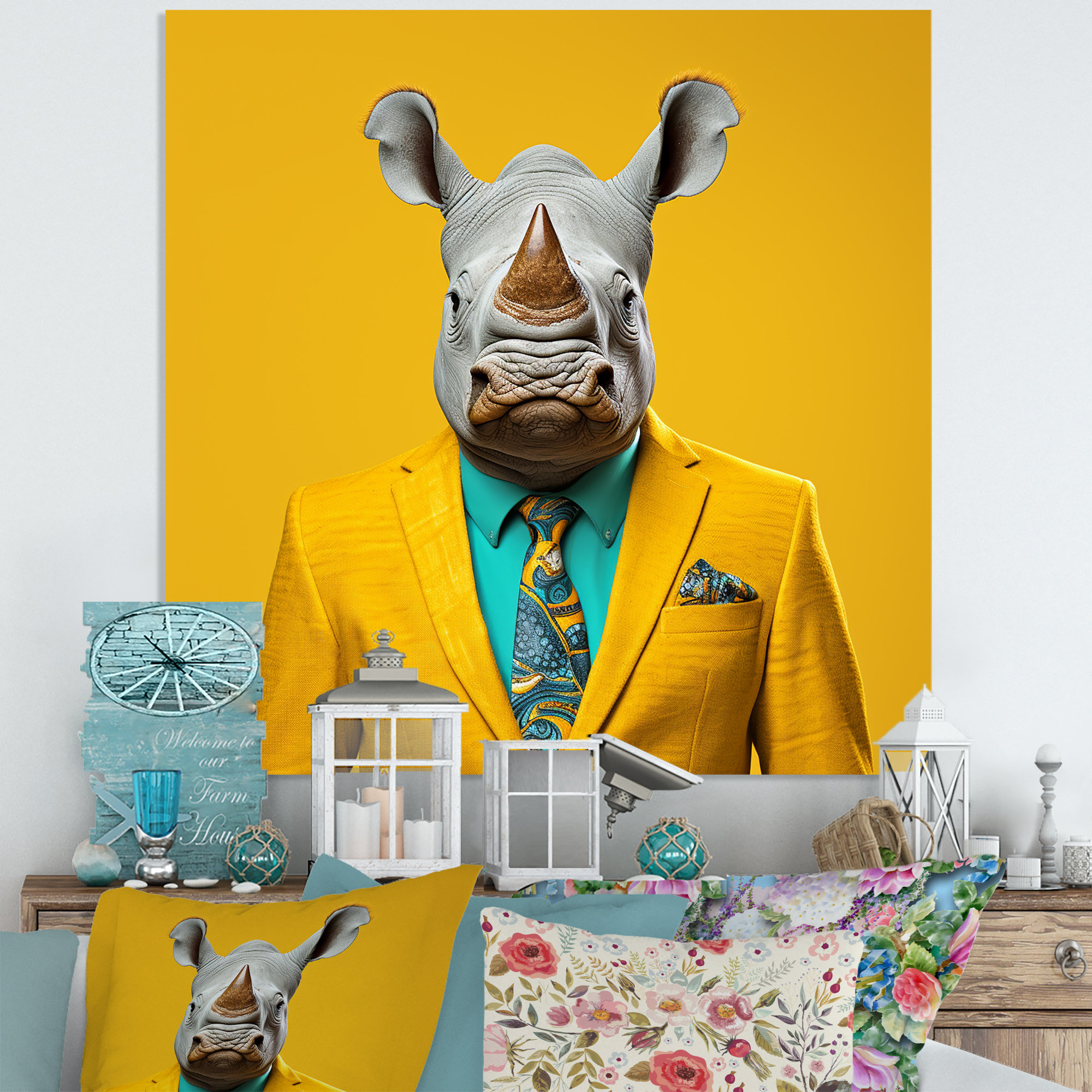 Trinx Suited Up Rhino In Yellow I - Rhinoceros Animal Metal Wall Art ...