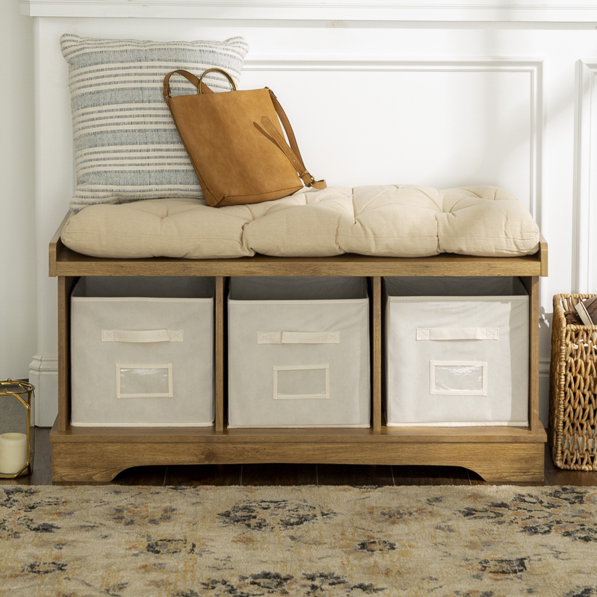 Gracie Oaks Mugurel Cubby Storage Bench with 3 Fabric Bins & Reviews ...