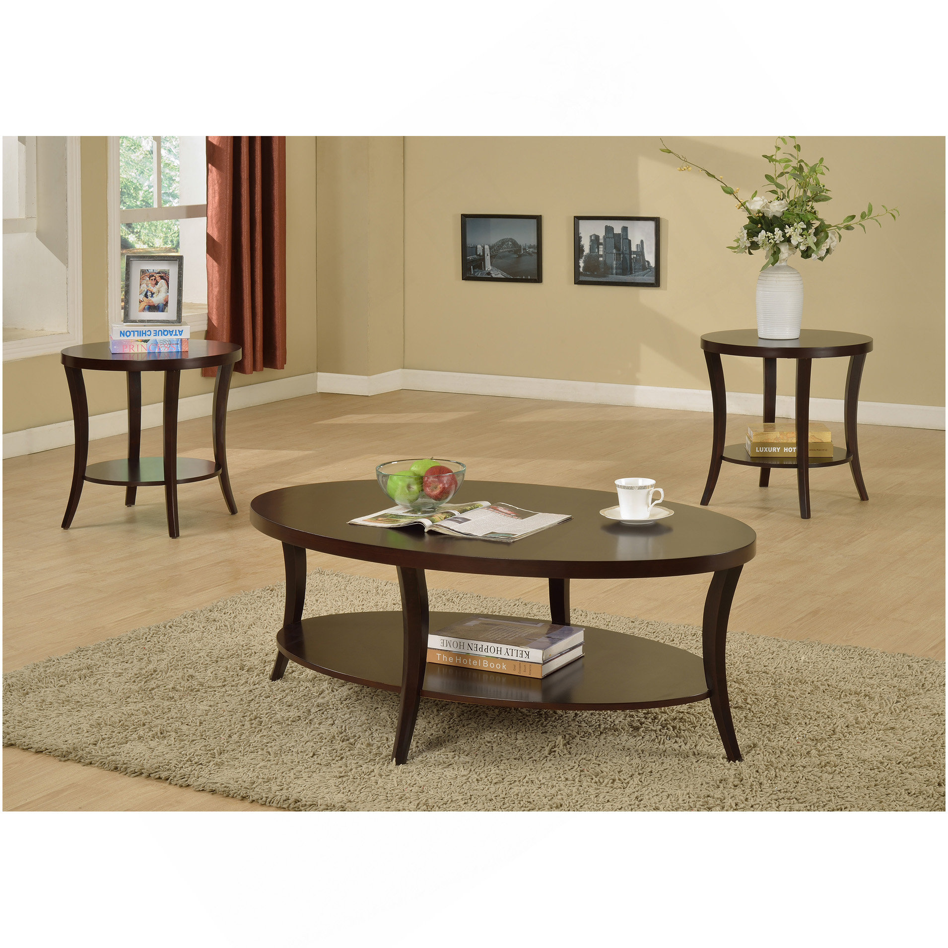 Mercer41 Perth 3-Piece Espresso Oval Coffee Table With End Tables Set ...