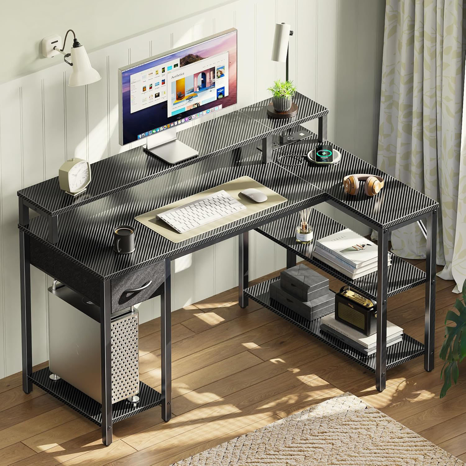 Inbox Zero Reversible L Shaped Desk With LED Lights & Power Outlets ...