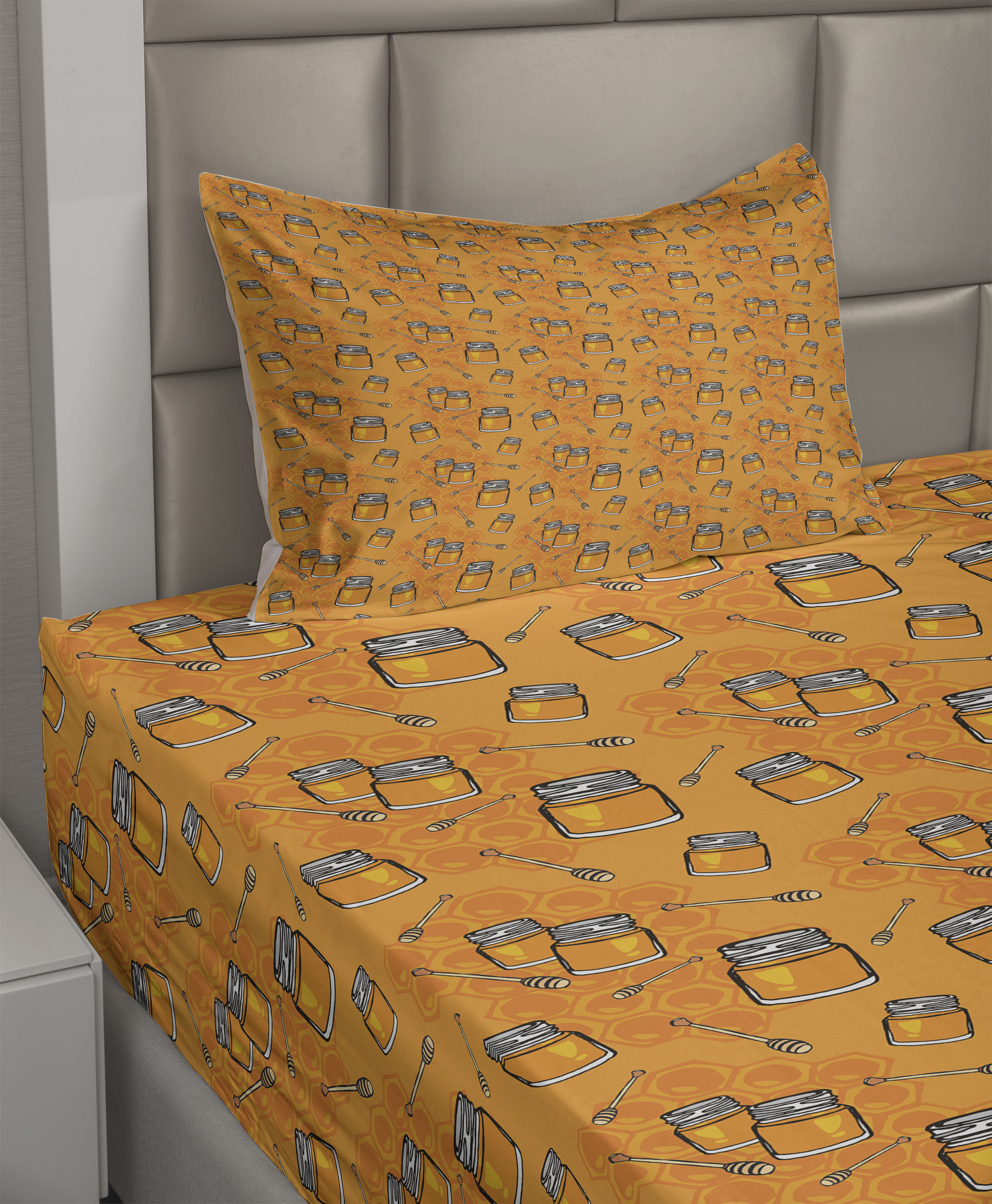 Ambesonne Bee Sheet Set Honey Jars and Dippers Plot Orange and Charcoal ...