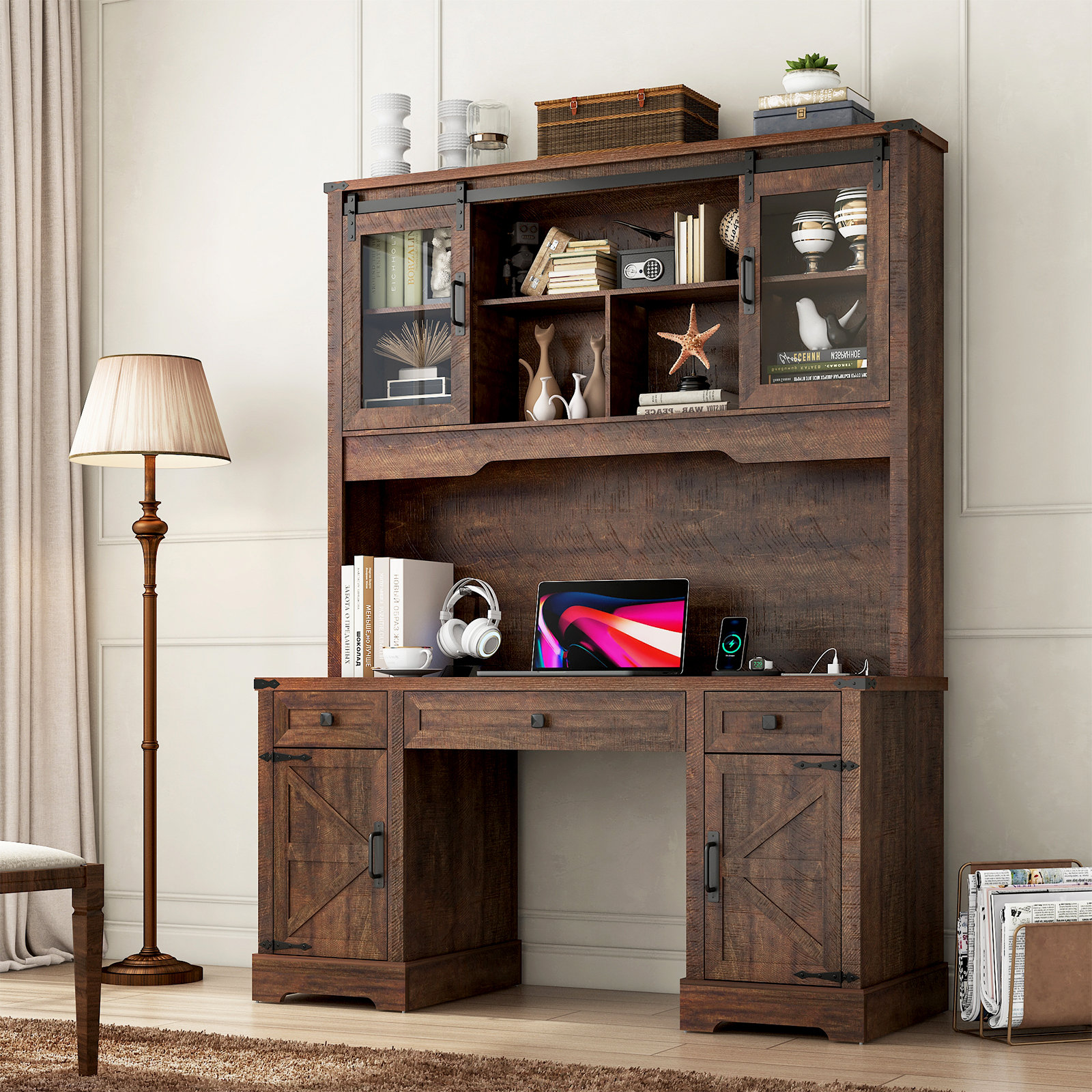 August Grove® 76" Height Computer Desk Bar Cabinet with Hutch Sliding ...