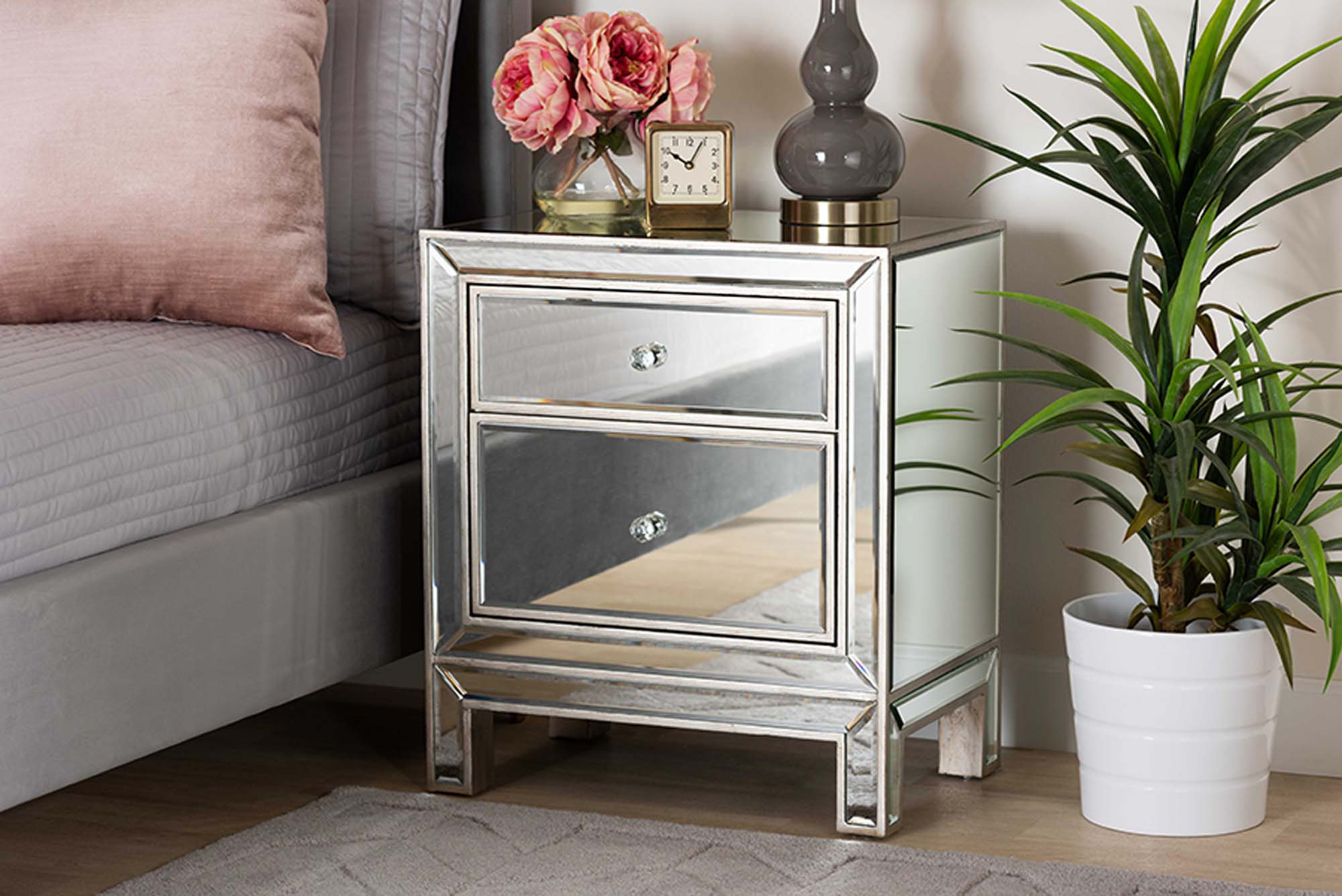 Everly Quinn Baillee Glam And Luxe Mirrored 2-Drawer Nightstand | Wayfair