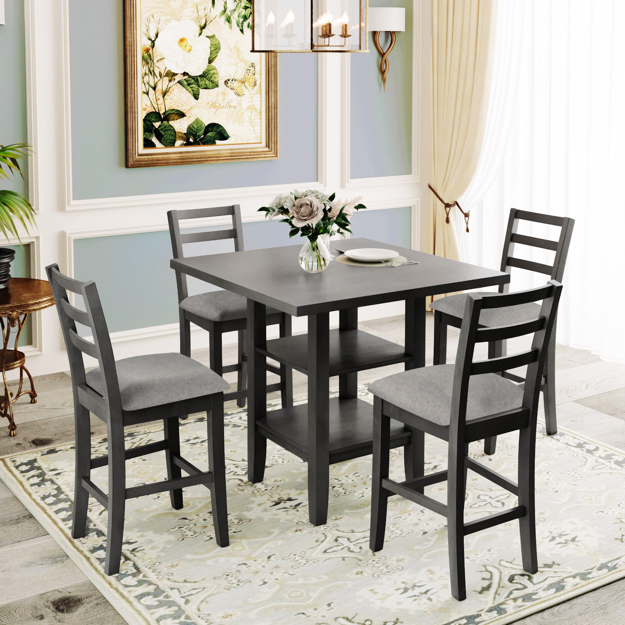 Winston Porter 5-Piece Wooden Counter Height Dining Set With Padded Chairs And Storage Shelving ...