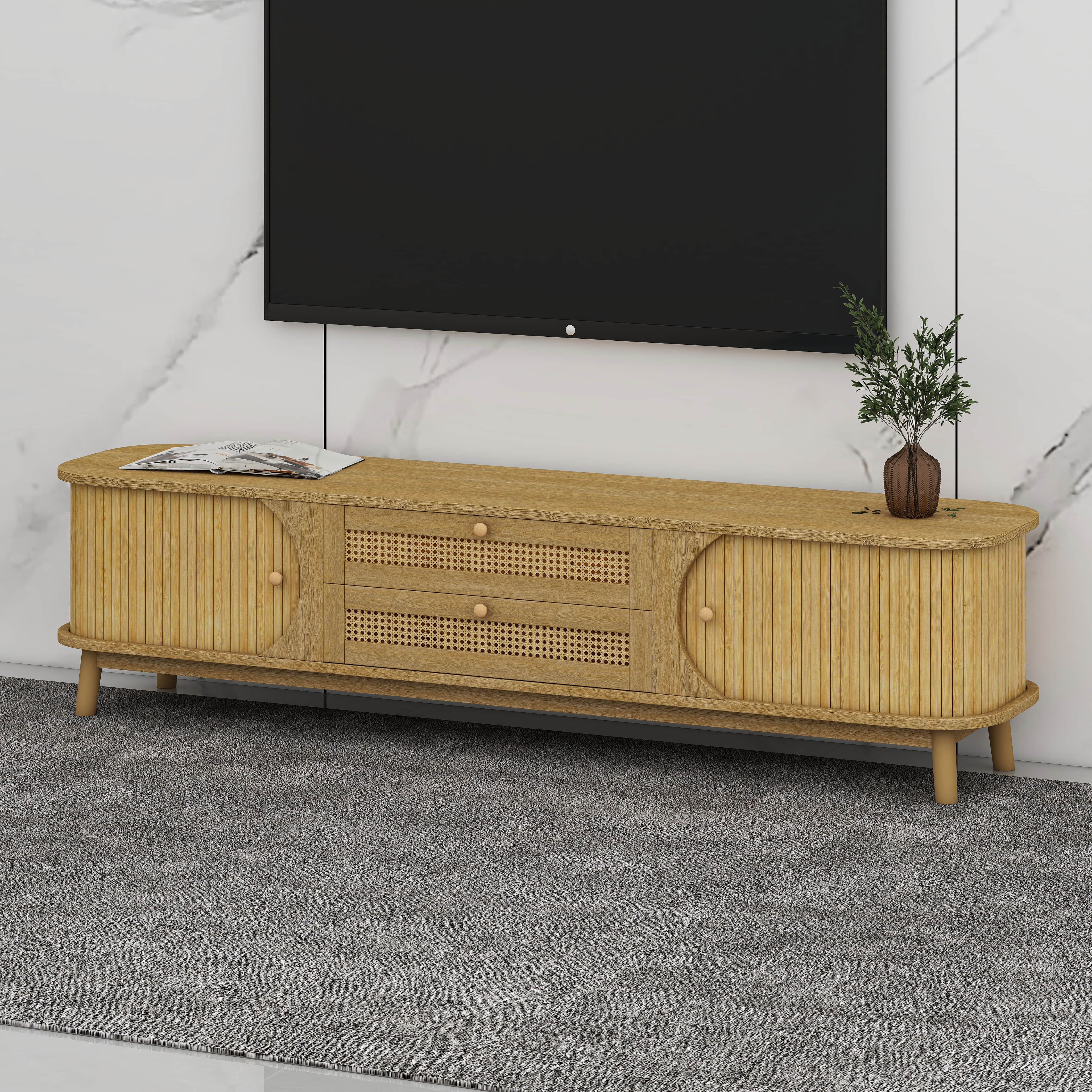 Dakota Fields Modern Fluted TV Stand With Rattan-Front Drawer - Wayfair ...