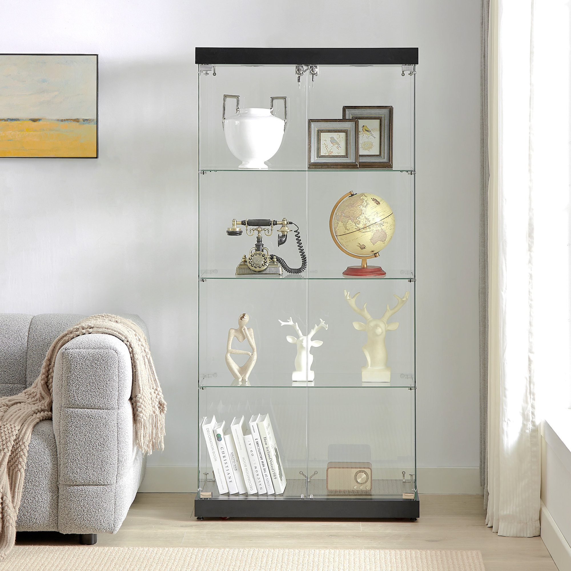 RTYUSWL 4-Tier Glass Display Cabinet With Light And Lock, Double Door ...