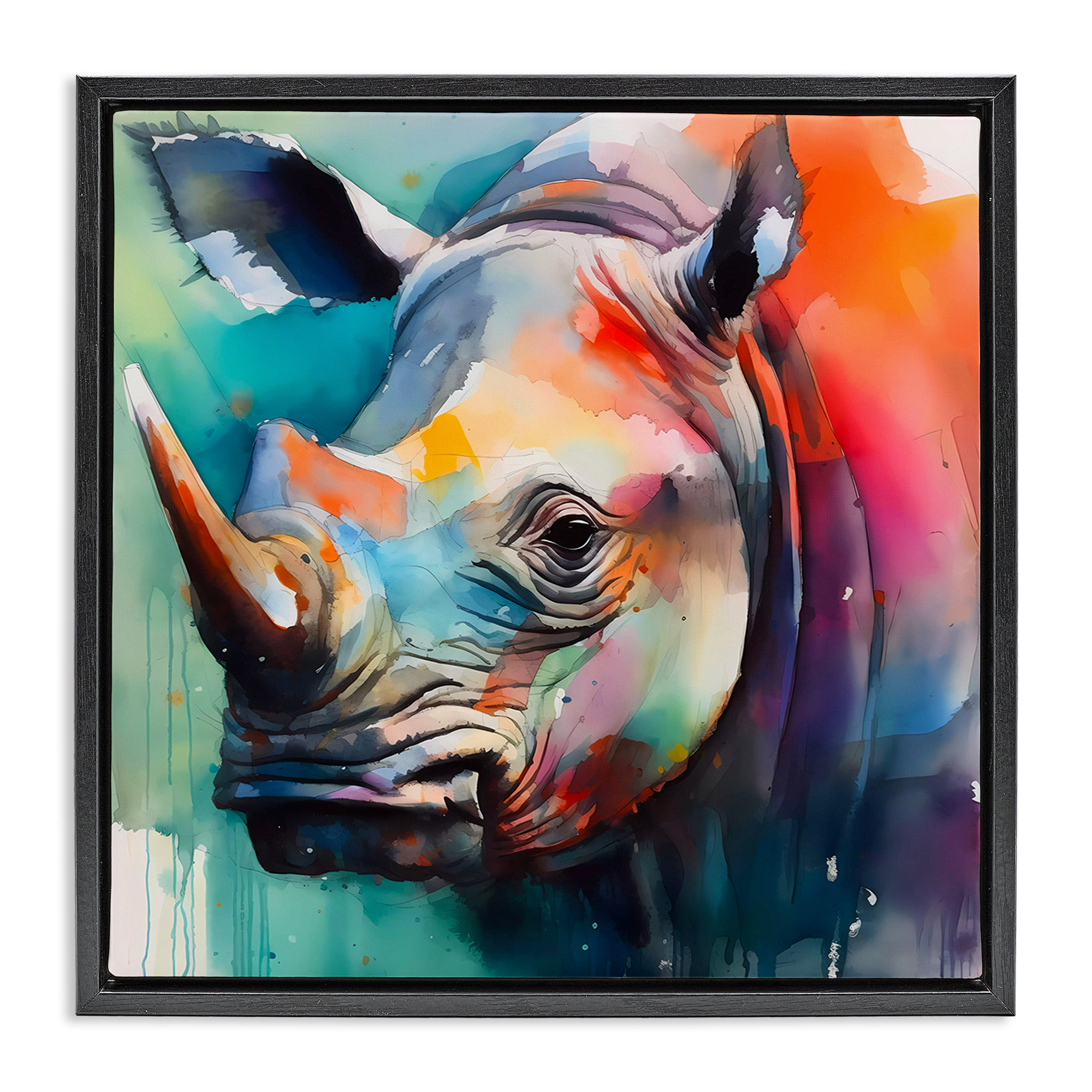 Winston Porter Rhino with Modern Hues Framed Floater Canvas Wall Art by ...