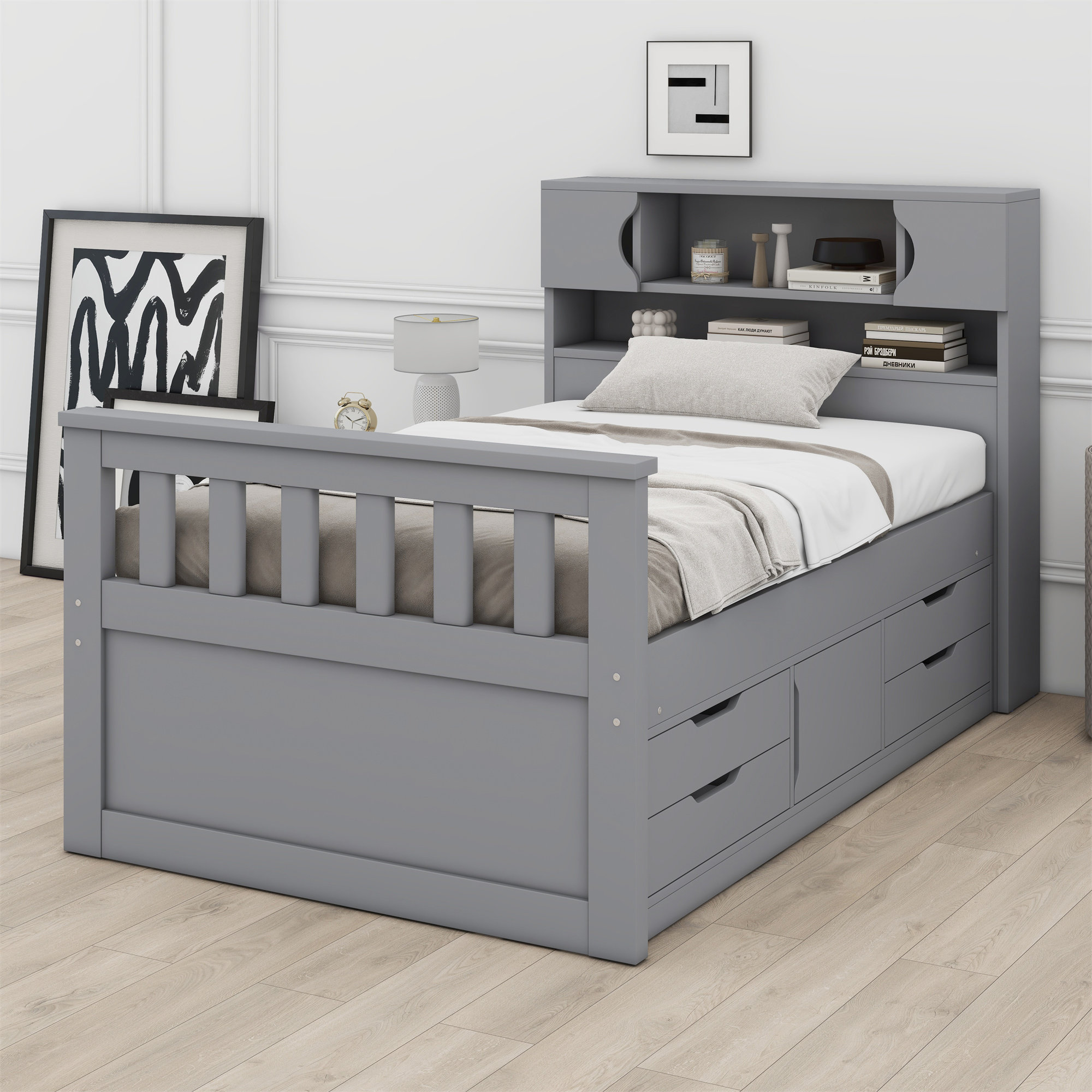 Lark Manor™ Platform Bed Frame With Storage Bookcases And Shelves,Four ...