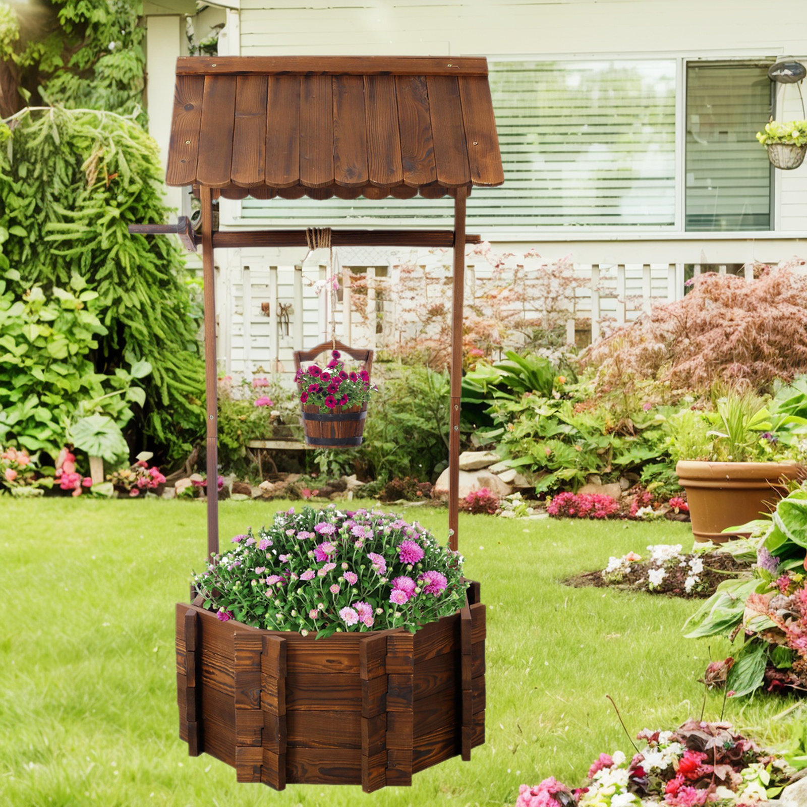 August Grove® Wooden Wishing Well Outdoor Planters, Height Adjustable ...