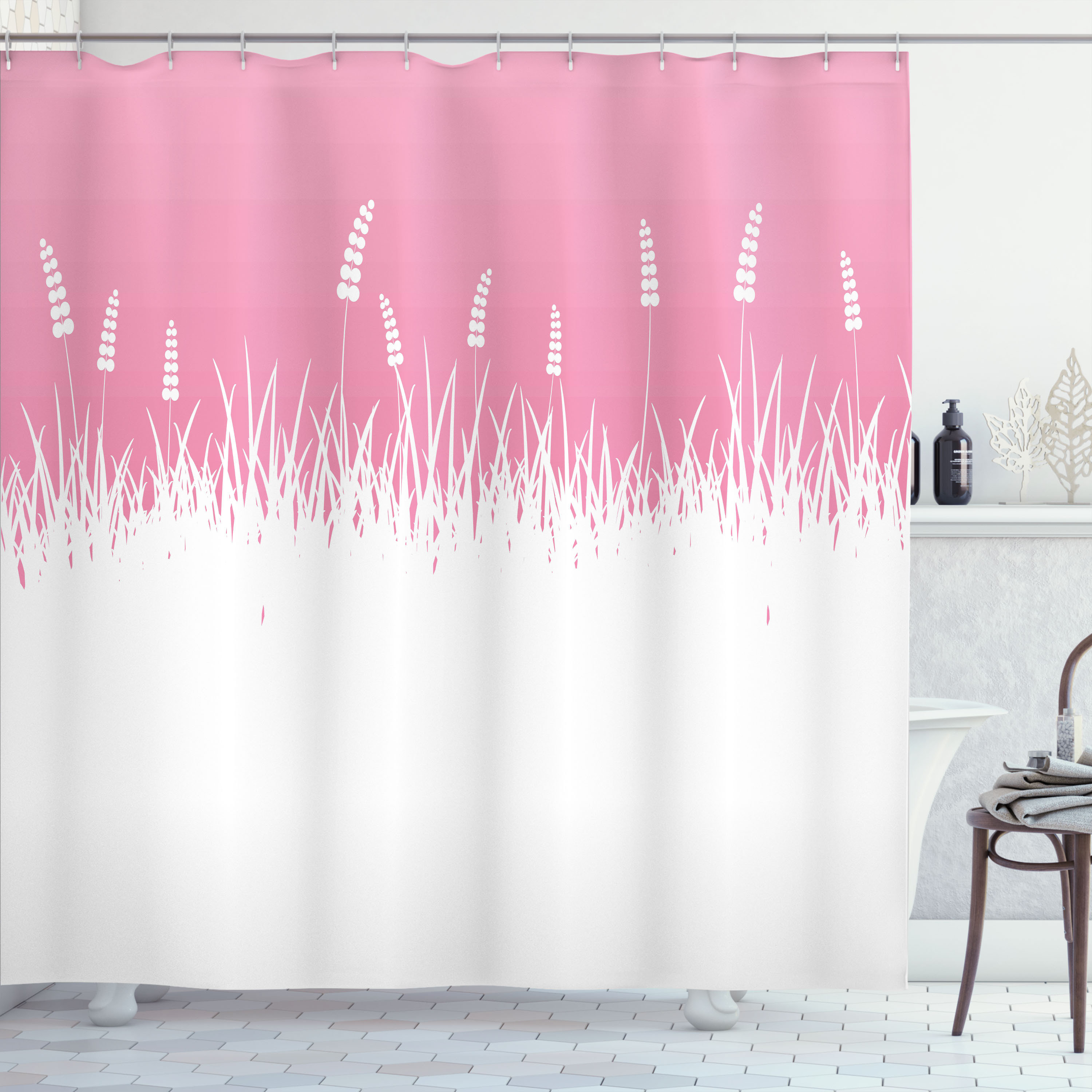 East Urban Home Pink Shower Curtain Bushes and Wheat Field 33087 | Wayfair
