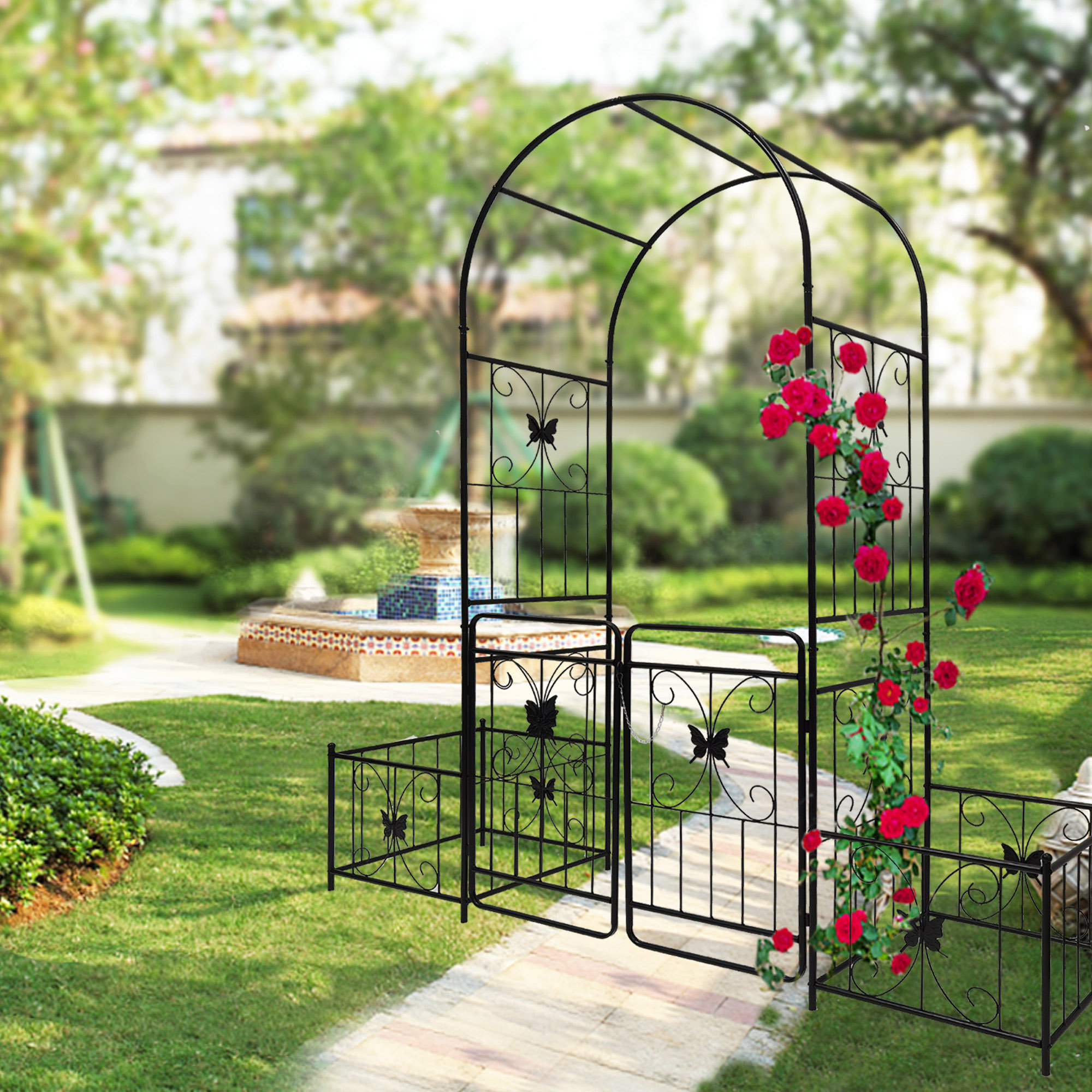 Gracie Oaks Metal Garden Arch With Gate Climbing Plants Support Rose ...