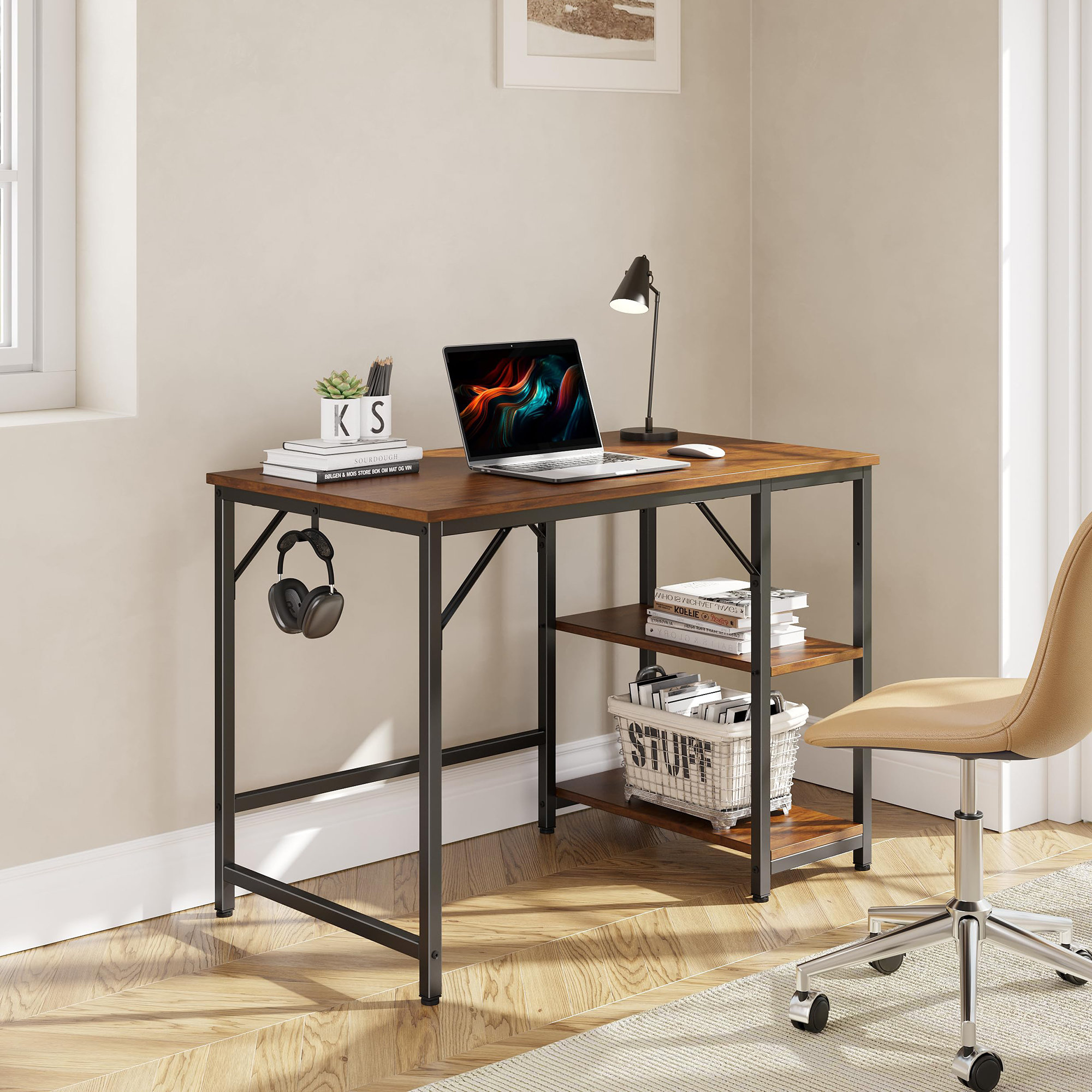 Inbox Zero Home Office Computer Desk with Wooden Storage Shelf, Office ...