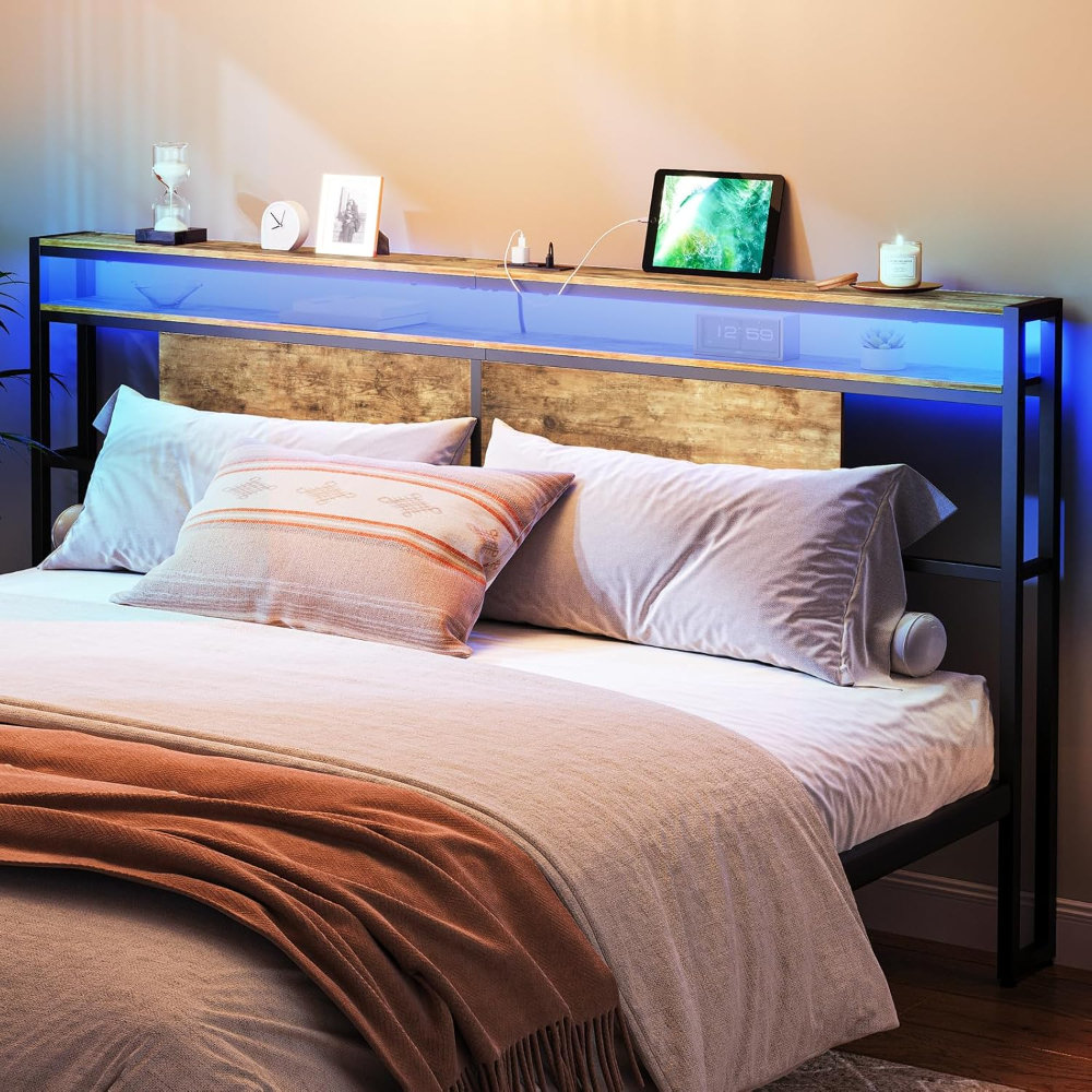 17 Stories LED Queen Size Upholstered Headboard With Charging Station ...