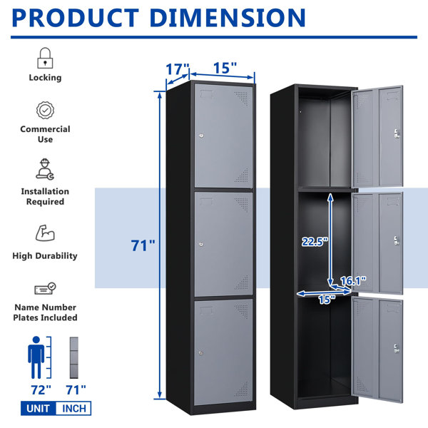 Dsarui 15 Inch Wide Storage Lockers Cabinet With 3 Doors And Keys For ...
