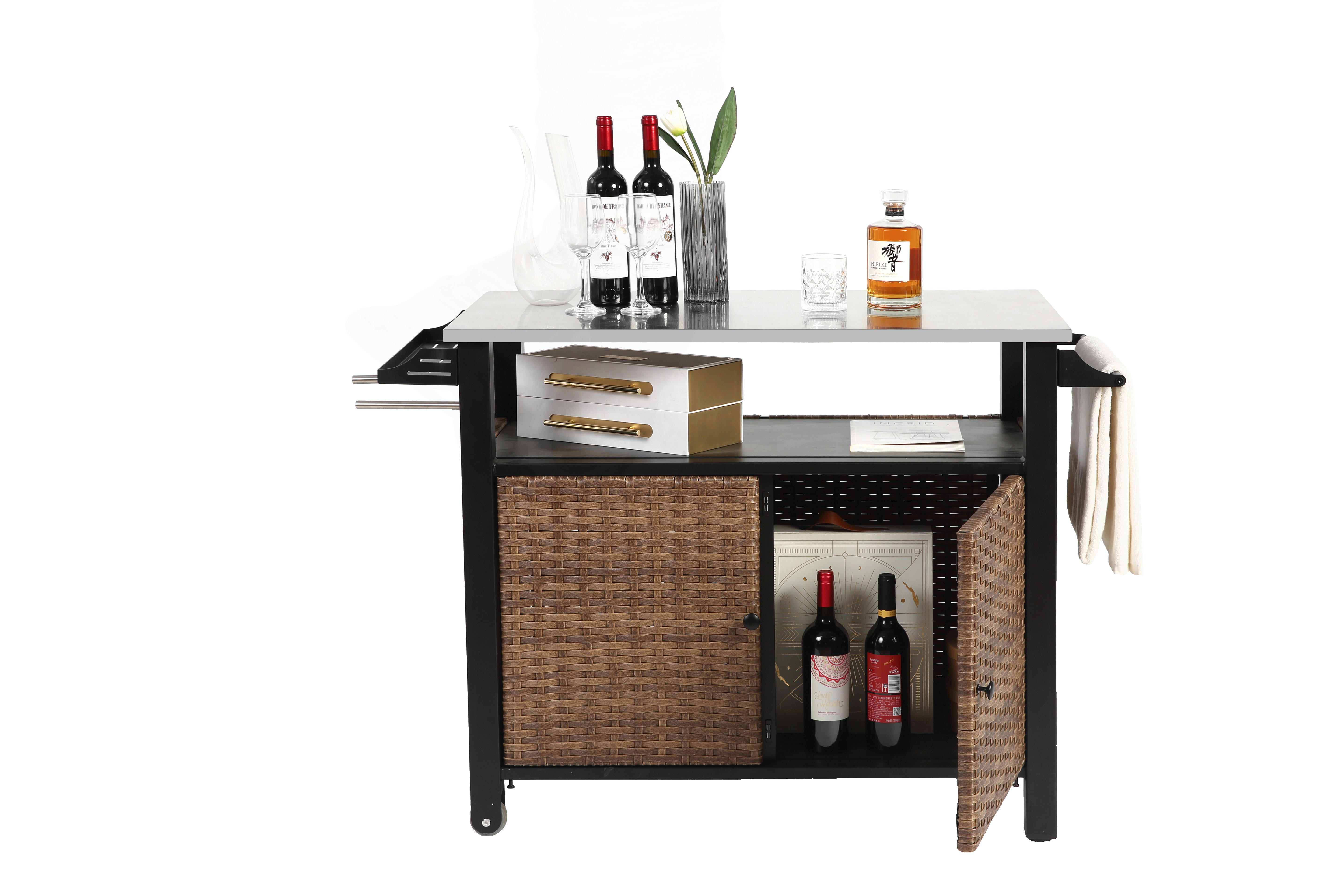 Hokku Designs Outdoor Kitchen Wicker Island Rolling Cart & Storage ...