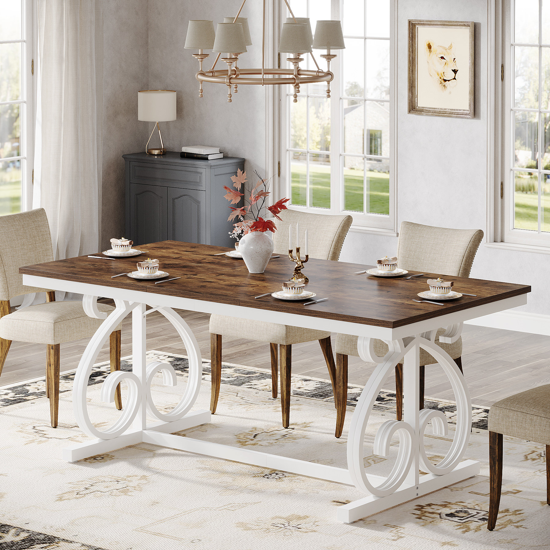 August Grove 63-Inch Farmhouse Dining Table with Scrolled Legs, Vintage ...